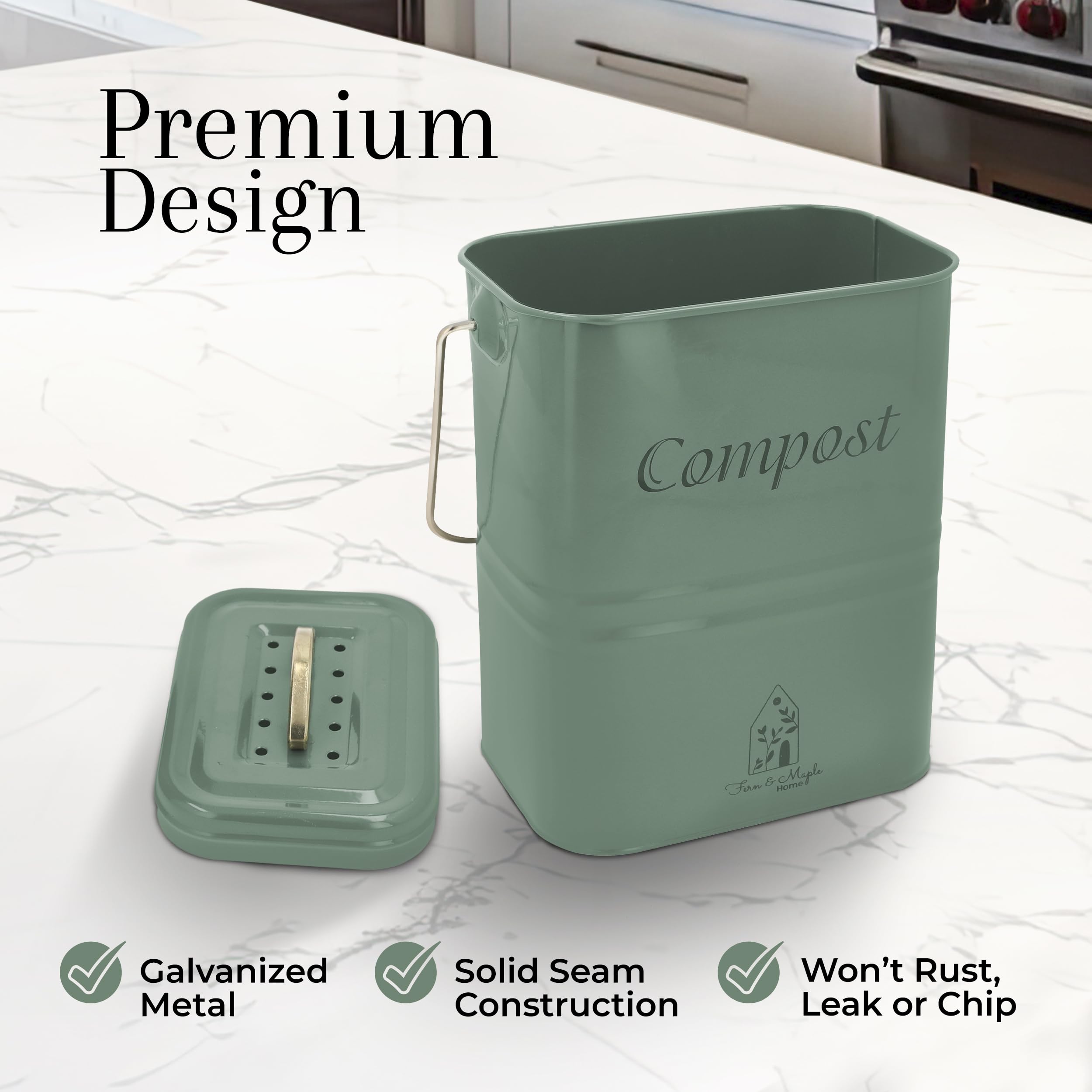 Compost Bin Kitchen Counter – 1 Gal with Lid & 3 Charcoal Filters, Small Square Countertop Composting Bin Fits Against Wall - Space Saving for Food Scraps, Odor-Free Countertop Compost Bucket