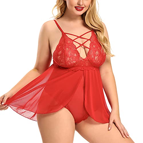 EVELUST Plus Size Lingerie for Women - Sexy Double Layer Chemise Comfy Boudoir Outfits Lace High Waist Teddy Babydoll(Large, Red)