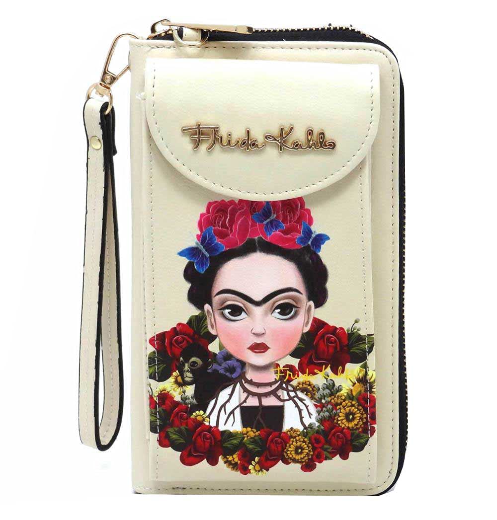 LuxeBag Frida Kahlo Cartoon Flower Collection Cellphone Purse Wallet (Beige/Black)