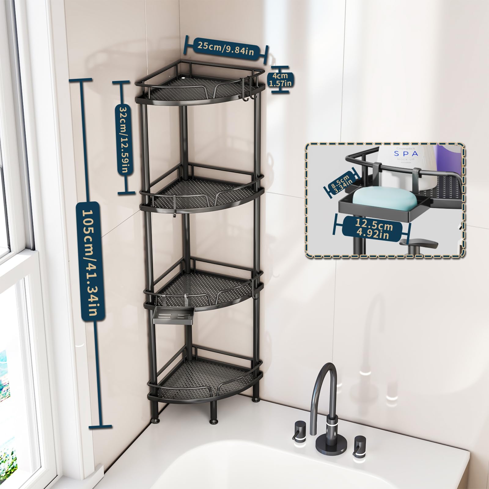 Consumest Corner Shower Caddy Stand - 4 Tier Shower Organizer with Soap Holder, Standing Tall Floor Shower Stand with Adjustable Feet & 4 Hooks