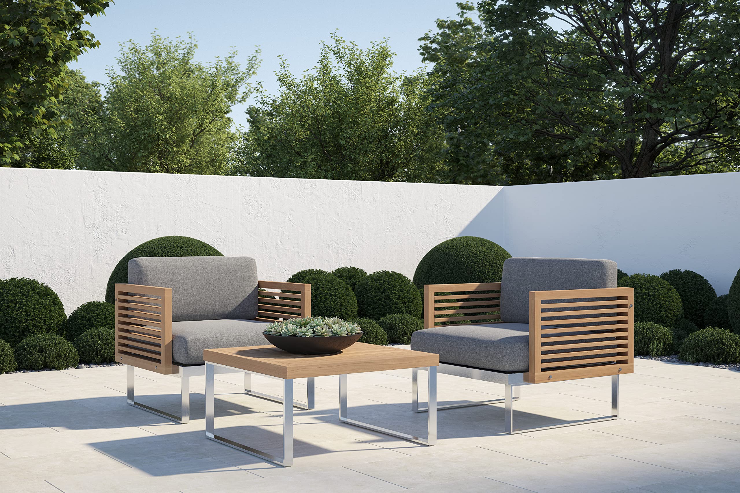 NewAge Products Outdoor Furniture Monterey 3 Piece Chat Set with Coffee Table, Patio Conversation Sets, Aluminum + Teak, Cast Silver, 91210