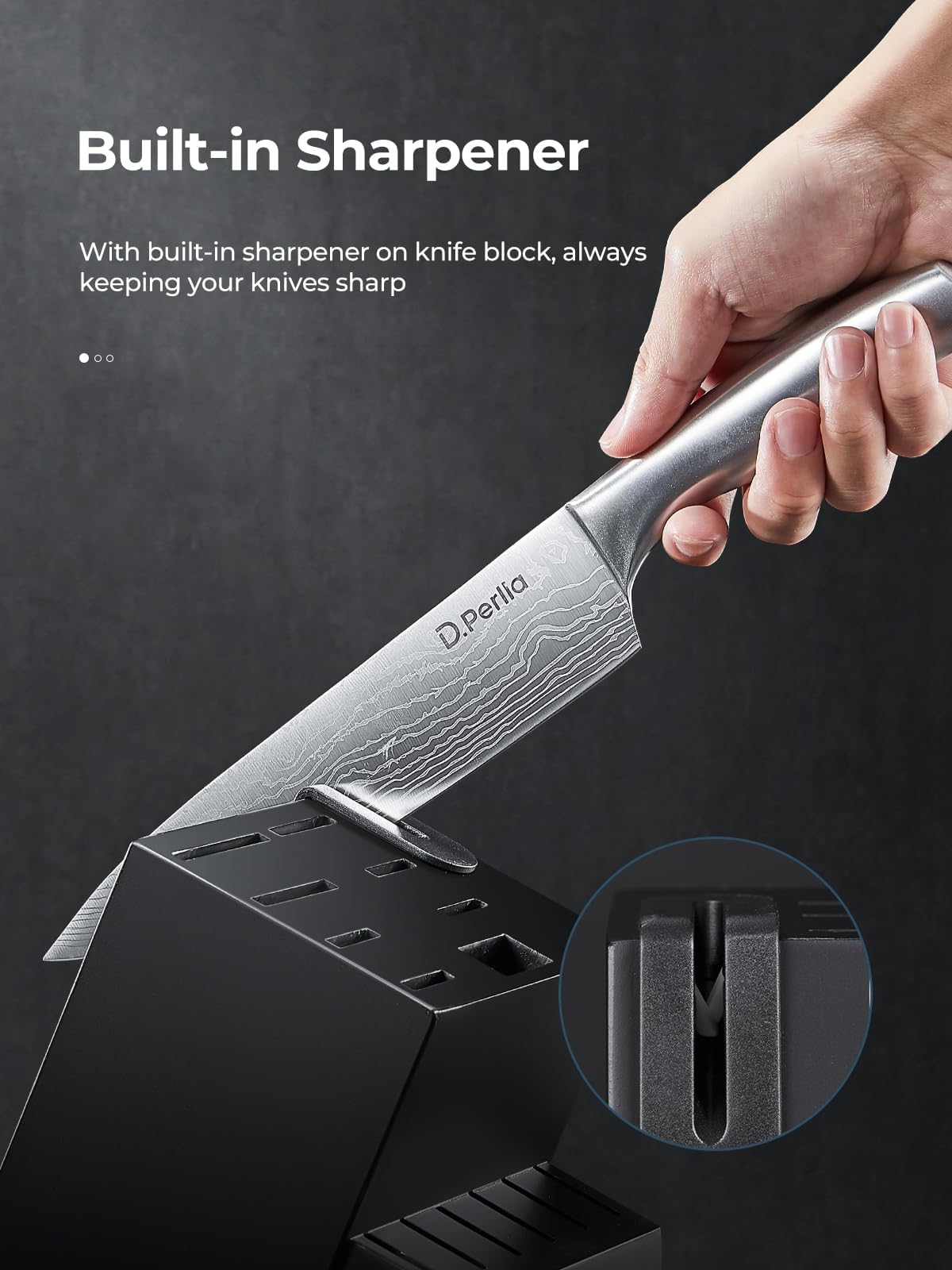 D.Perlla Kitchen Knife Set 15 Pieces, Knife Set with Block and Sharpener, High Grade Stainless Steel Kitchen Knife Set, Steak Knives, Scissors for Chopping, Slicing, Dicing, Sharp and No Rust