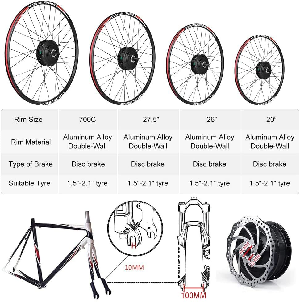 BAFANG 8fun 48V 500W Front Wheel Hub Assembly Motor Kit with Optional Battery Electric Bike Conversion Kit for 20 26 27.5 700C Inch Front Wheel Electric Bike Kit with Optional LCD Display