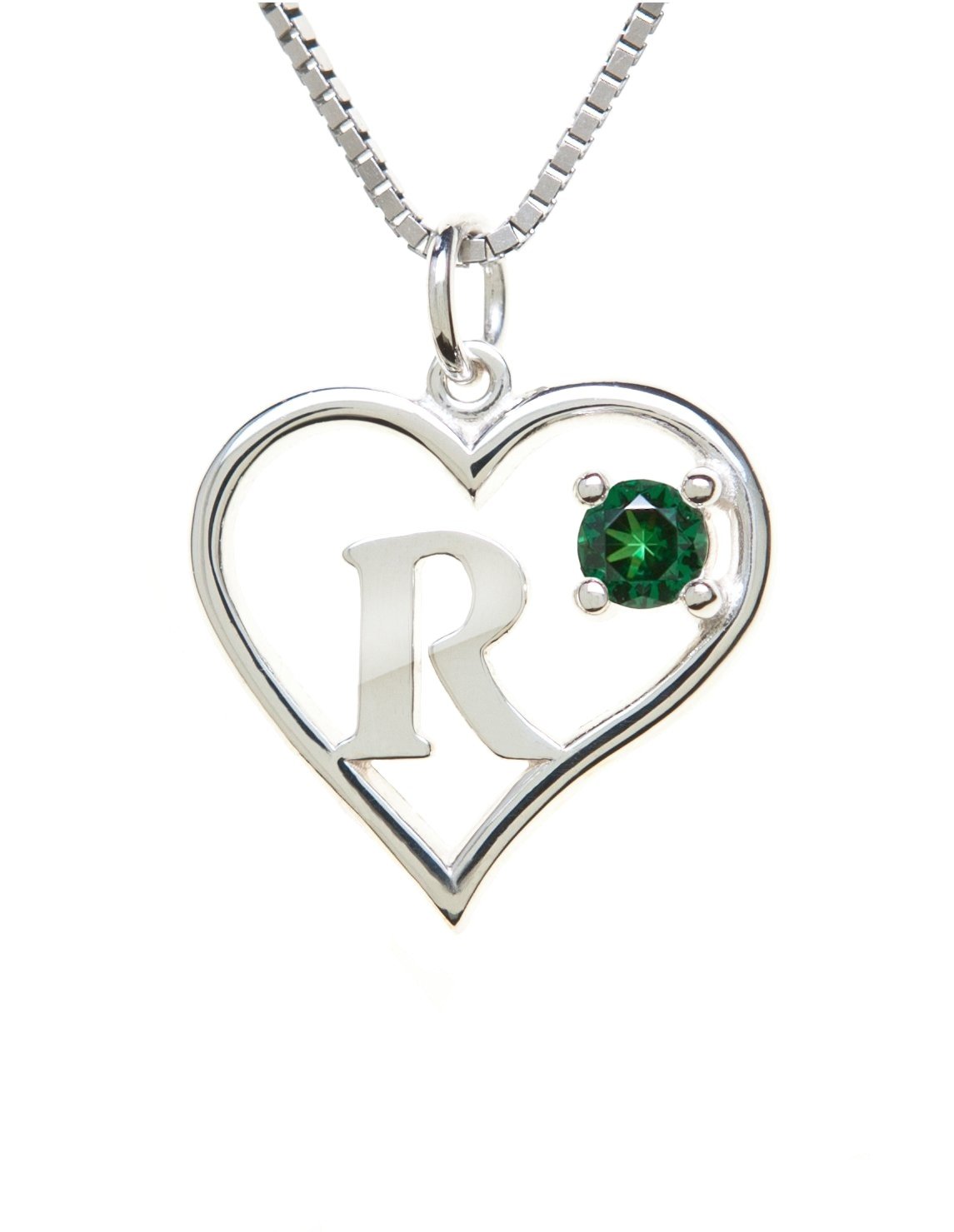Arbachās Icy Jewelry - Sterling Silver Box Chain Personalized Birthstone Pendant Statement Necklace - Heart & Letter (R)
