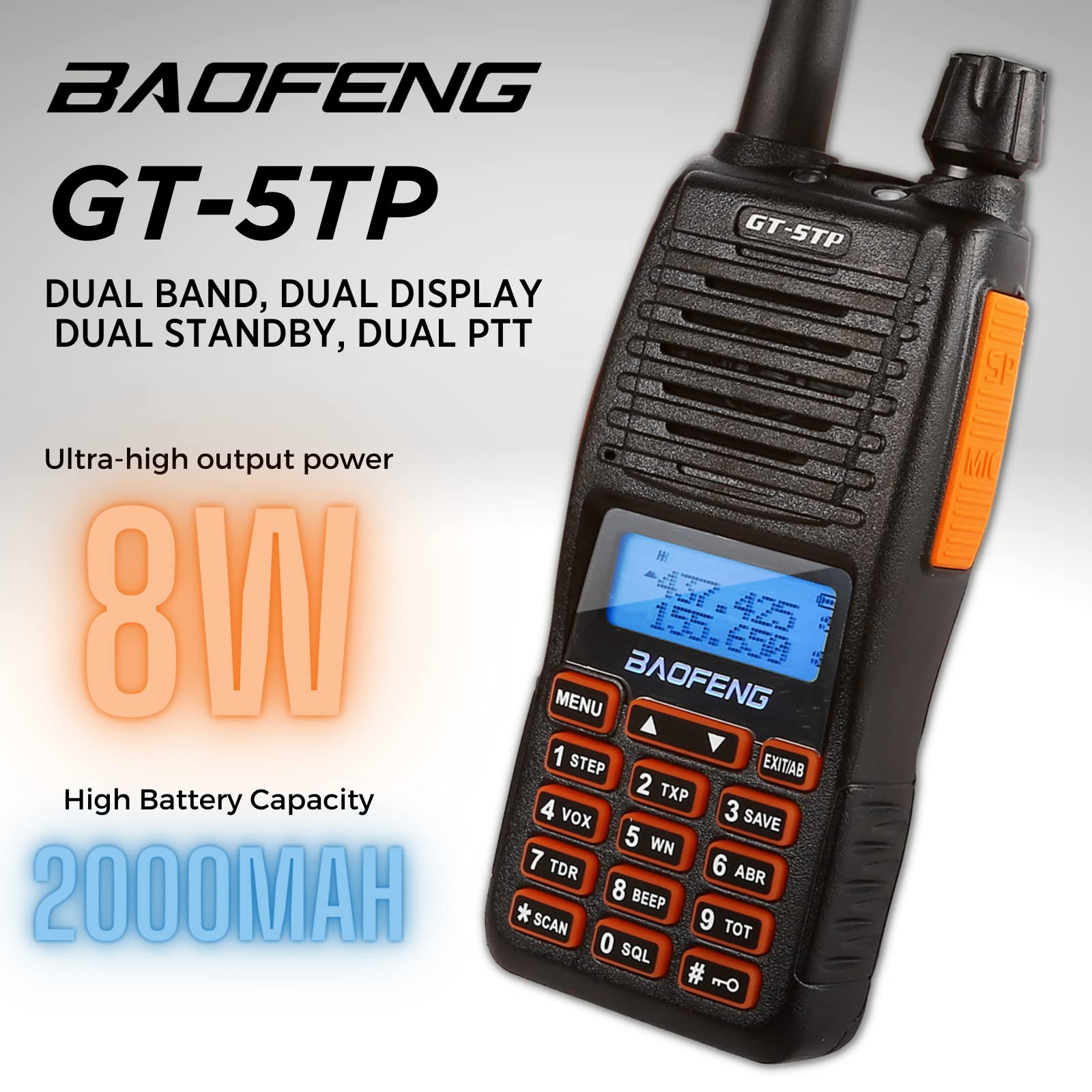 Baofeng Ham Radio Handheld GT-5TP, 8W Portable with High Capacity Battery, Dual Band High Power Two Way Radio with Dual PTT, Black