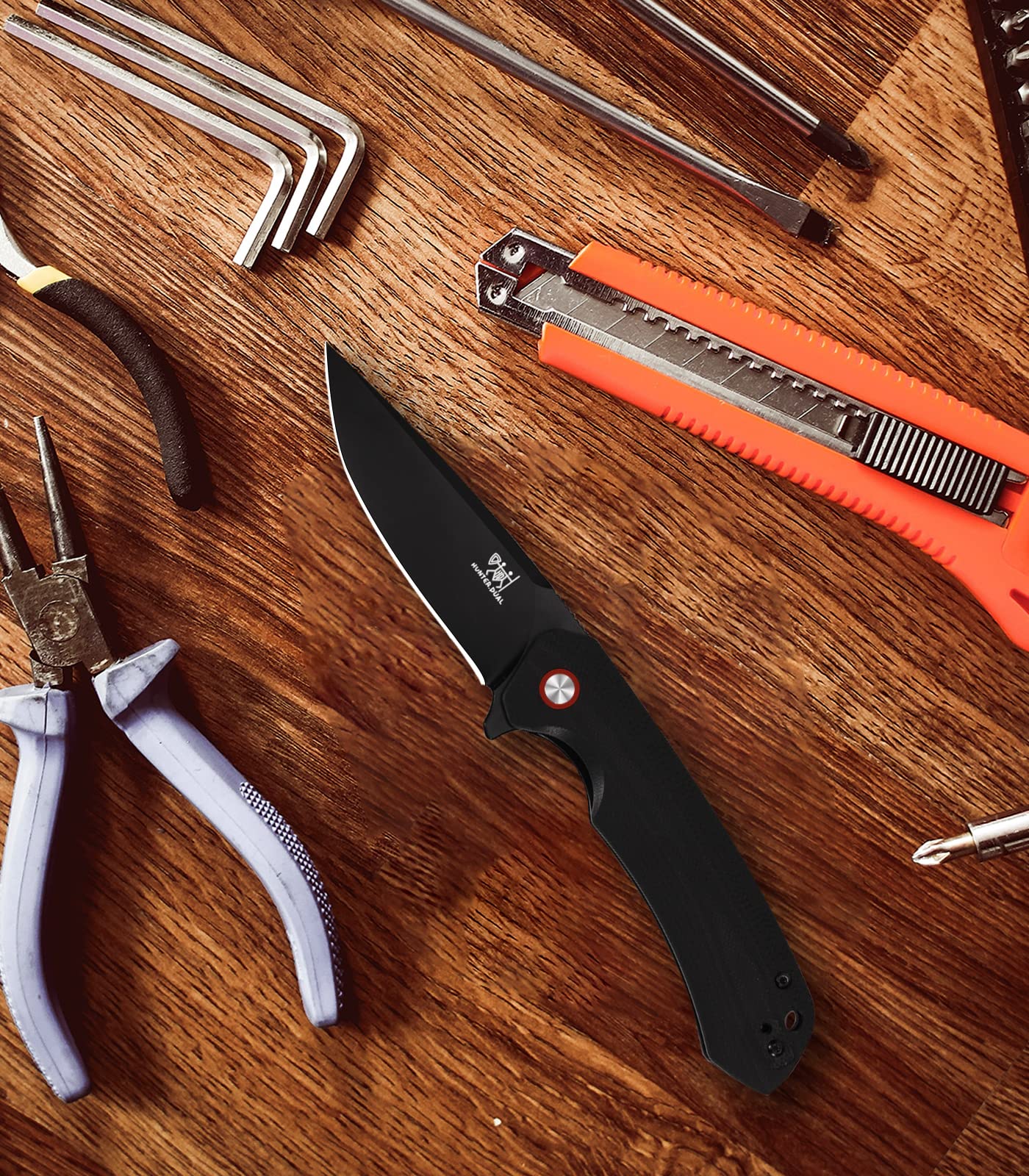 HUNTER.DUAL Pocket Knife, Folding EDC Knife with Clip for Men, Small Camping Knife for Outdoor, 3.34'' D2 Steel Blade, G10 Handle