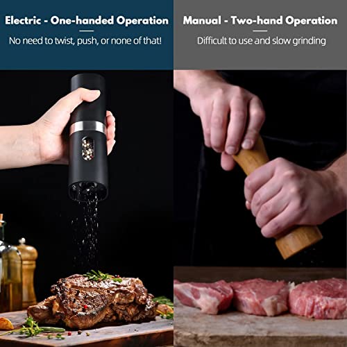 Electric Pepper Grinder, Battery Operated Salt Grinder, Automatic Pepper Mill with LED Light, One-hand Button Control, Adjustable Coarseness, Black Peppercorn Grinder Refillable, Battery Not Included