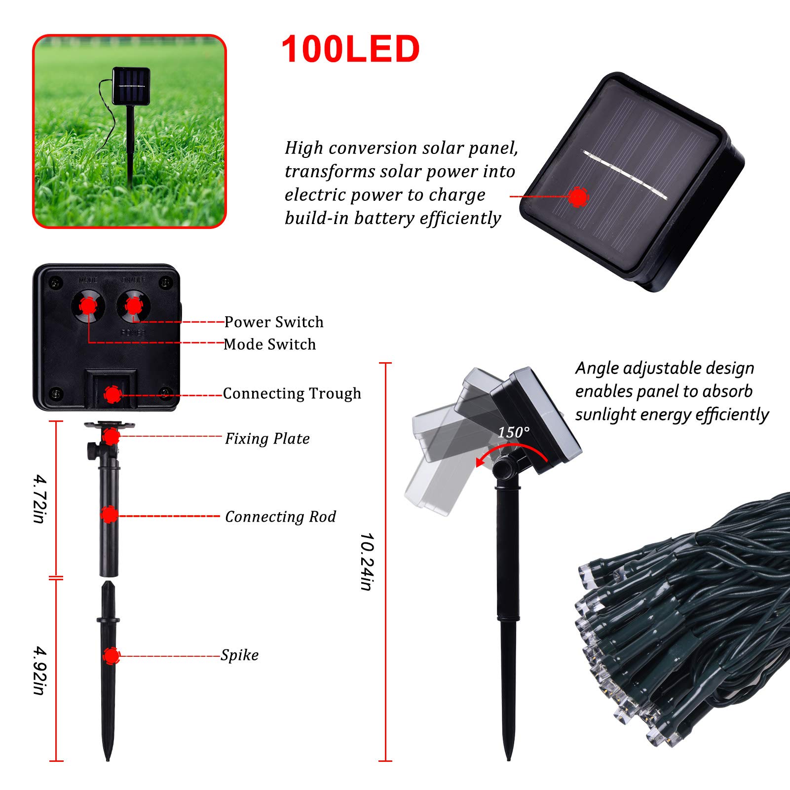 Bbrand Solar String Lights Outdoor, Christmas Lights with 8-Lighting Modes, Waterproof Decorative Lights for Garden, Patio, Home, Wedding, Party, Halloween, Christmas (Warm White, 100)