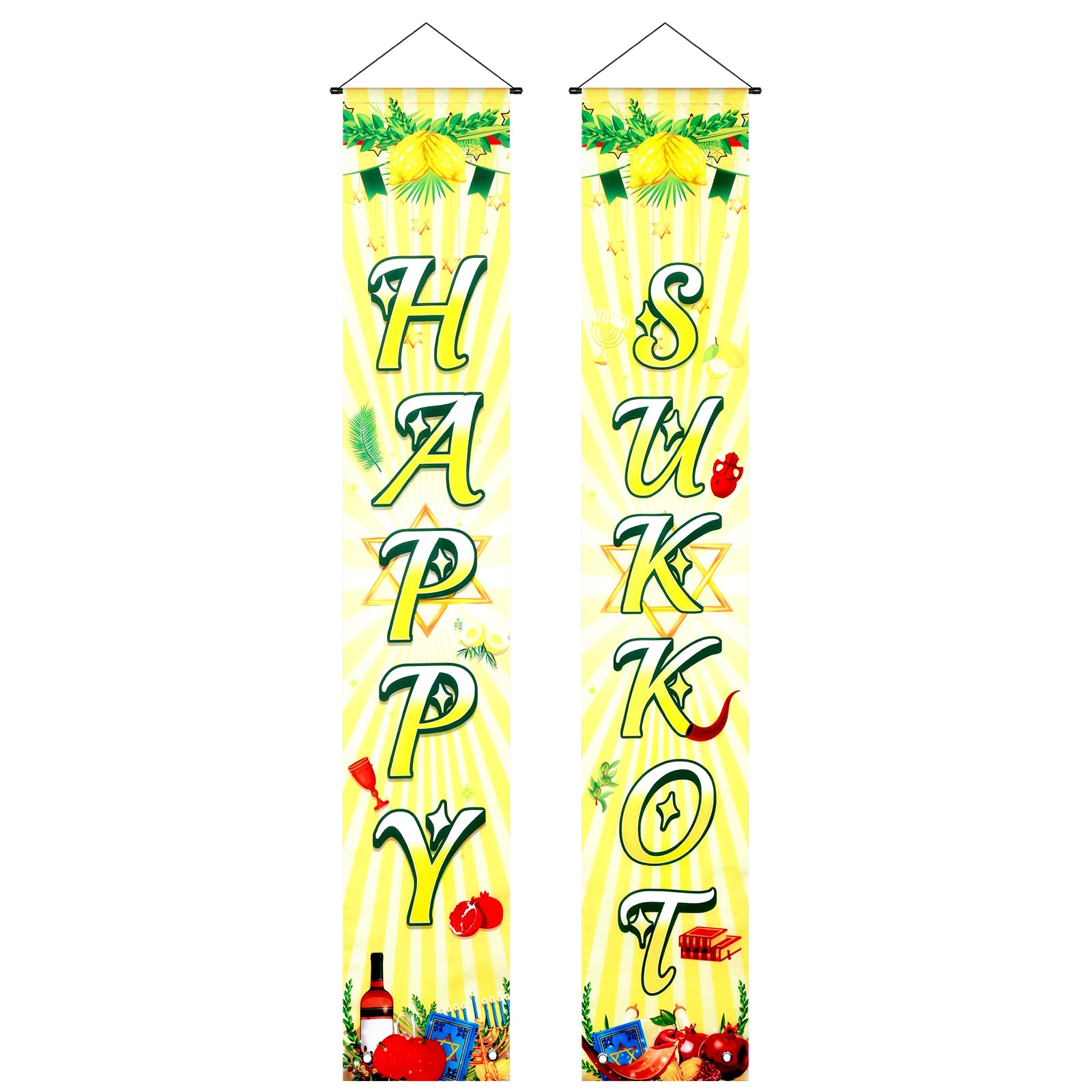 Breling Happy Sukkot Porch Banner Happy Sukkot Decorations Happy Sukkot Banner Flag Etrog Lulav Jewish Holiday Celebration Front Door Sign Sukkah Decorations for Outdoor Indoor Jewish Festival Party