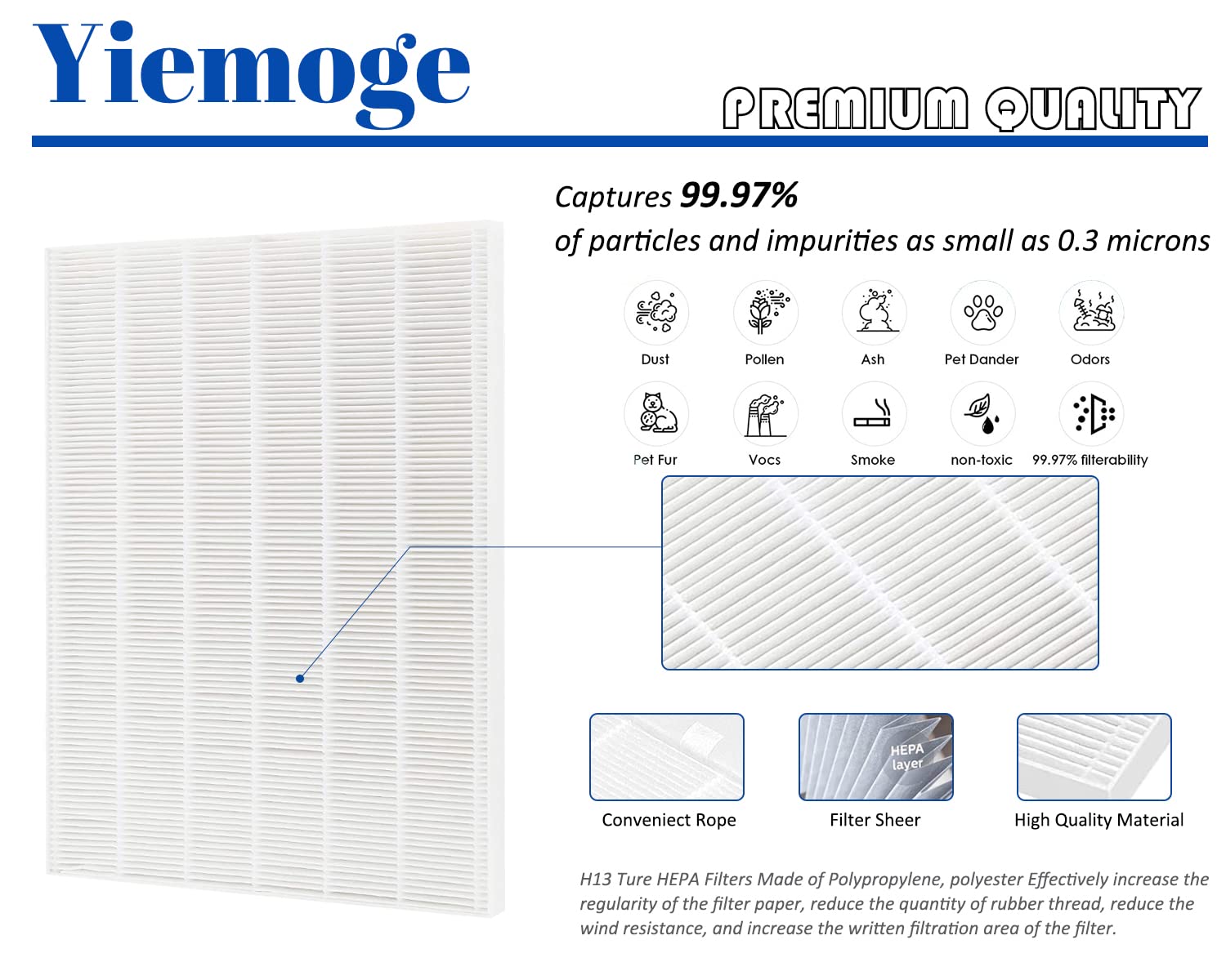 Yiemoge True HEPA Replacement Filter H 116130 Compatible with Winix Air Purifier 5500-2 and Models AM80 (3 HEPA Filters)
