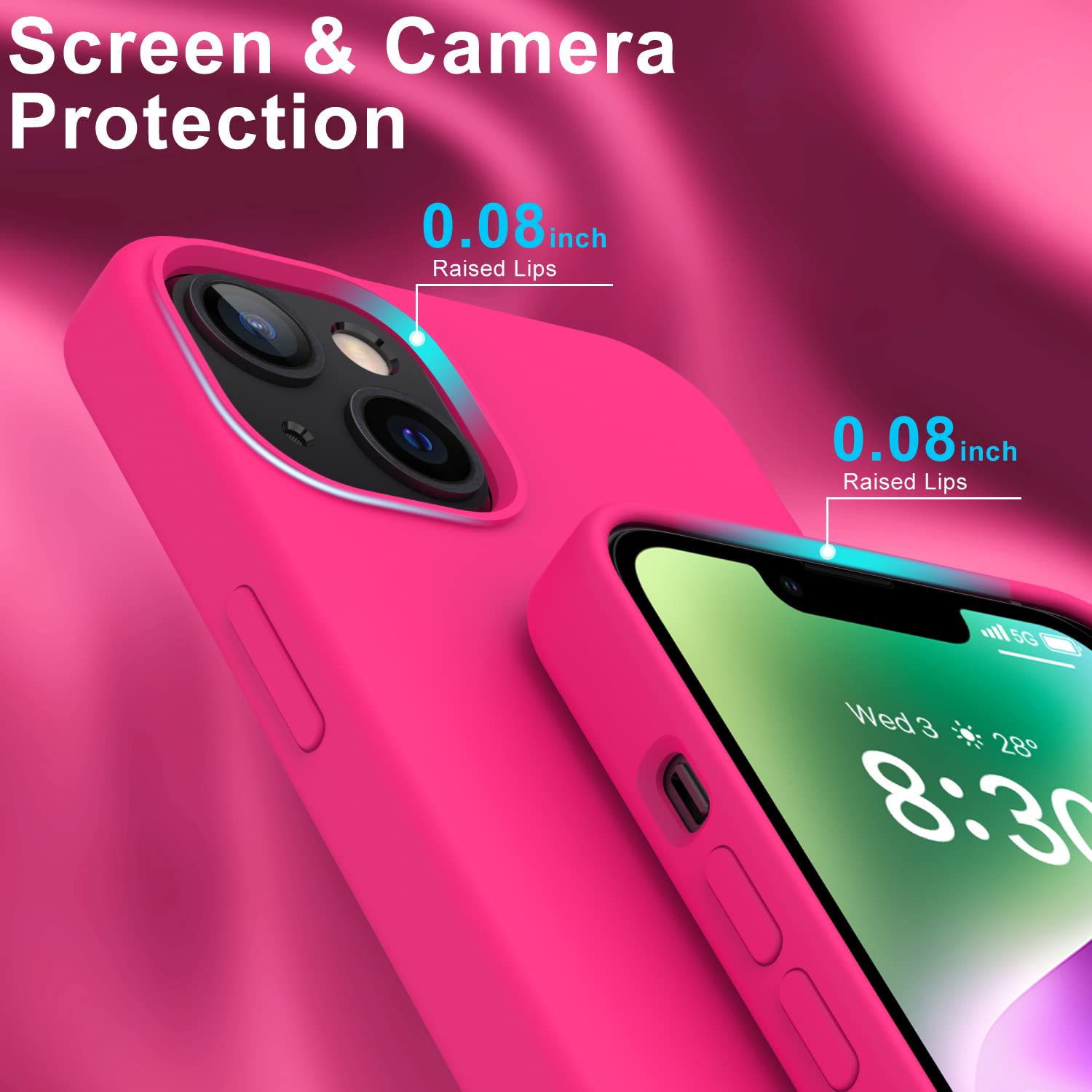 DEENAKIN Compatible with iPhone 14 Case with Screen Protector,Soft Flexible Silicone Rubber Cover for Women Girls for Women Girls,Slim Fit Shockproof Protective Phone Case 6.1" Hot Pink