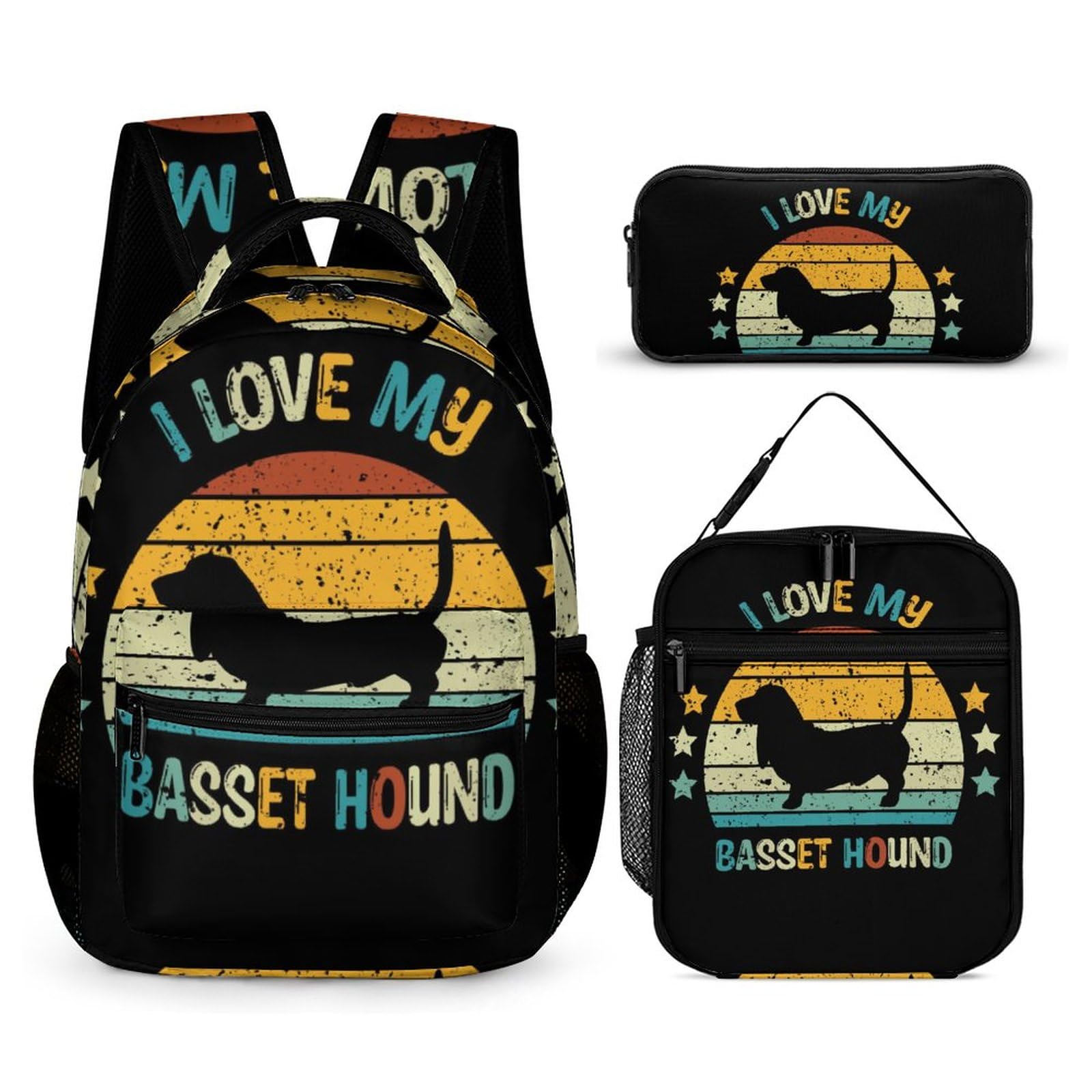 Basset Hound Pattern 3PCS Backpack with Lunch Box and Pencil Case