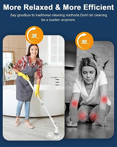 Electric Spin Scrubber, Saraily Cordless Power Scrubber Up to 420RPM, Shower Scrubber with 8 Replaceable Brush Heads and Adjustable Extension Handle for Cleaning Bathtub Tile Floor(40 inch)