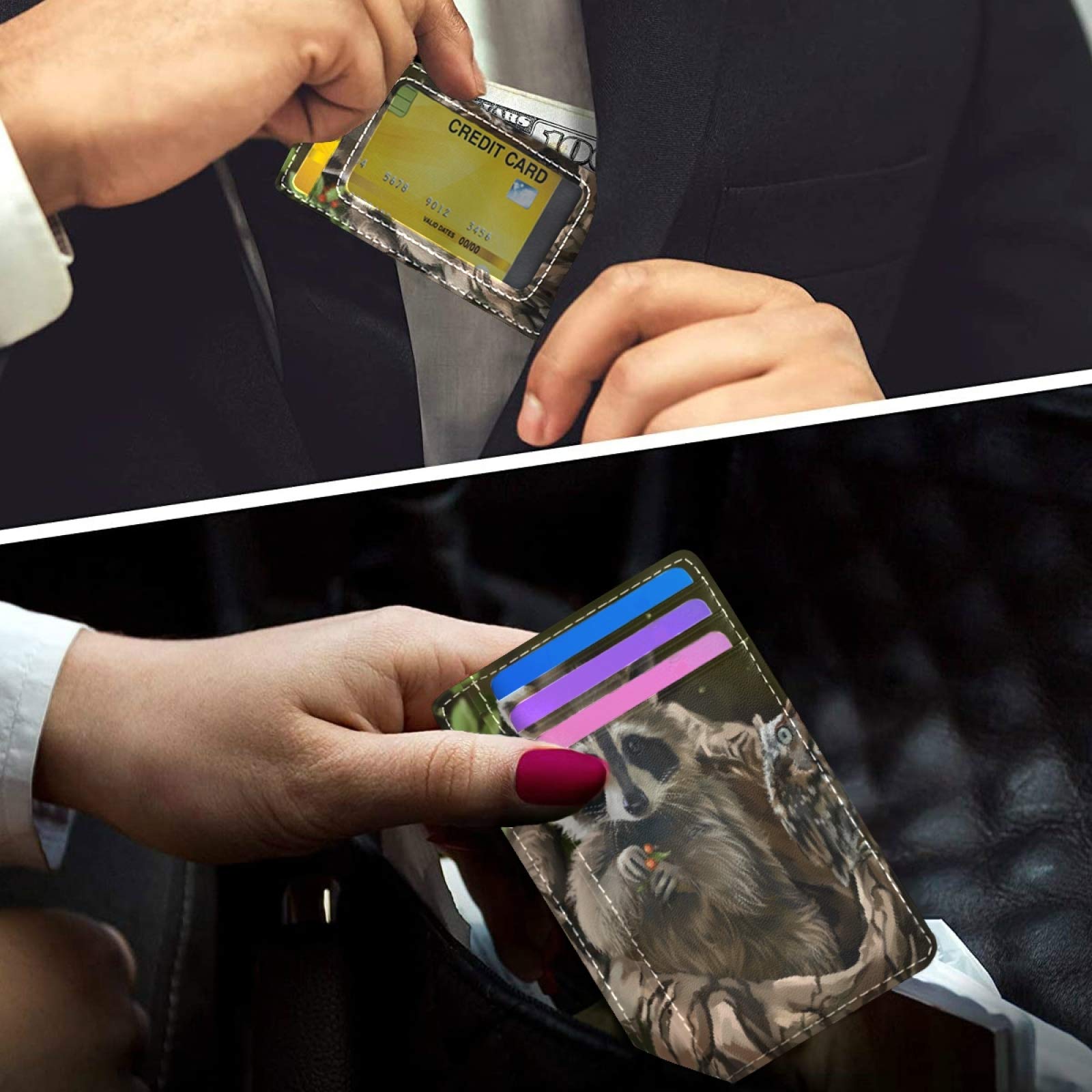 Linomo Thin leather Card Holder and Money Clip Cute Animal Raccoon Wallet RFID Blocking for Men & Women