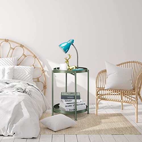 danpinera 2 Tier Metal Side Table with Removable Tray, Folding End Outdoor Small Accent Table, Anti-Rust Green Nightstand for Bedroom Balcony Patio (Dark Green)