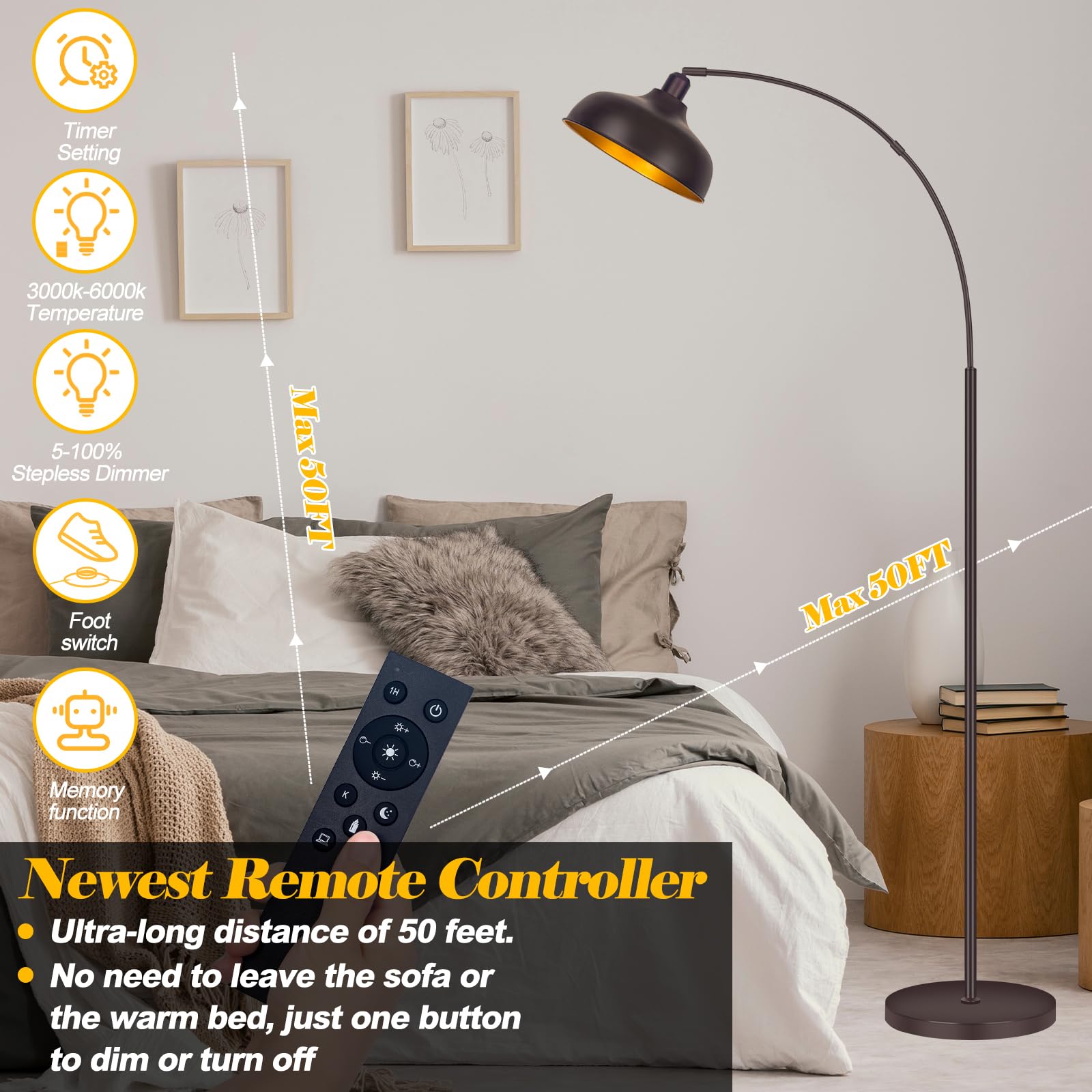 Arc Floor Lamps Bronze, Standing Lamps for Living Room with Remote Control, Foot Switch, Metal Shade, Arched Floor Lamp with Stepless Dimmable LED Bulb, Brown Floor Reading Tall Lamp for Bedroom