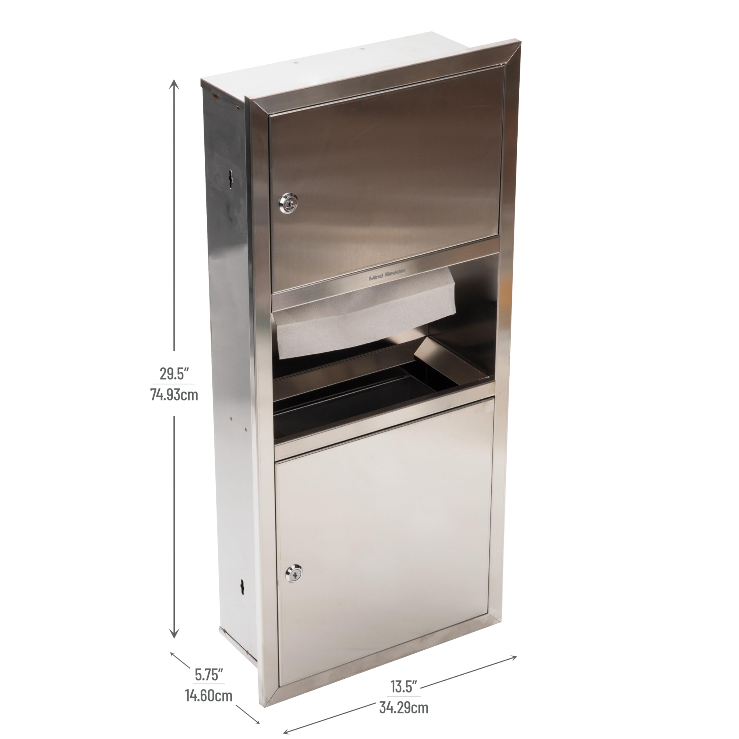 Mind Reader Paper Towel Dispenser and Trash Can, Wall-Mounted, Bathroom, Stainless Steel, 13.5" L x 29.5" H x 5.75" D, Silver