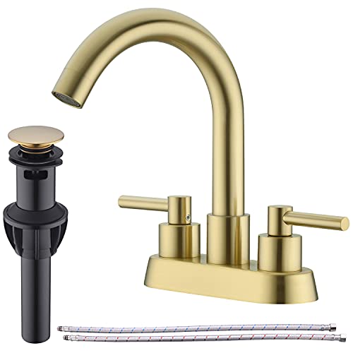 Brushed Gold Bathroom Faucet 2 Handle 4 Inches Centerset Vanity Sink Mixer Tap with Drain Assembly and cUPC Water Supply Lines SUS304 Stainless Steel
