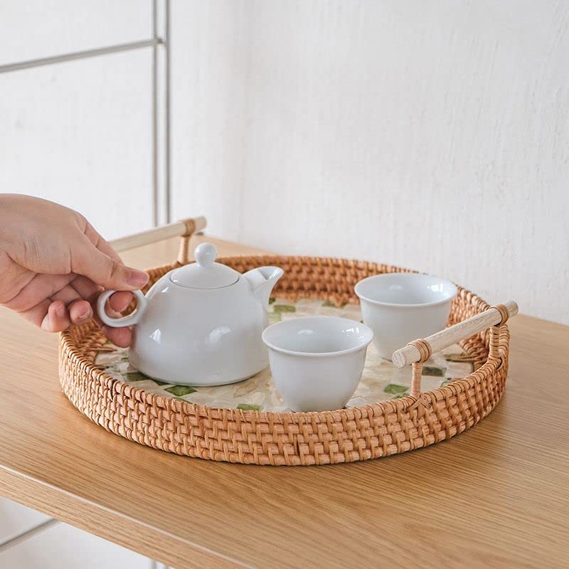 BAUHUS Set 3 Pack Round Rattan Wicker Tray with Mother of Pearl Inlay Wooden Handle for Fruit Serving, Coffee Table Tray, Vanity Tray Organizer for Kitchen, Storage and Display White Set 3