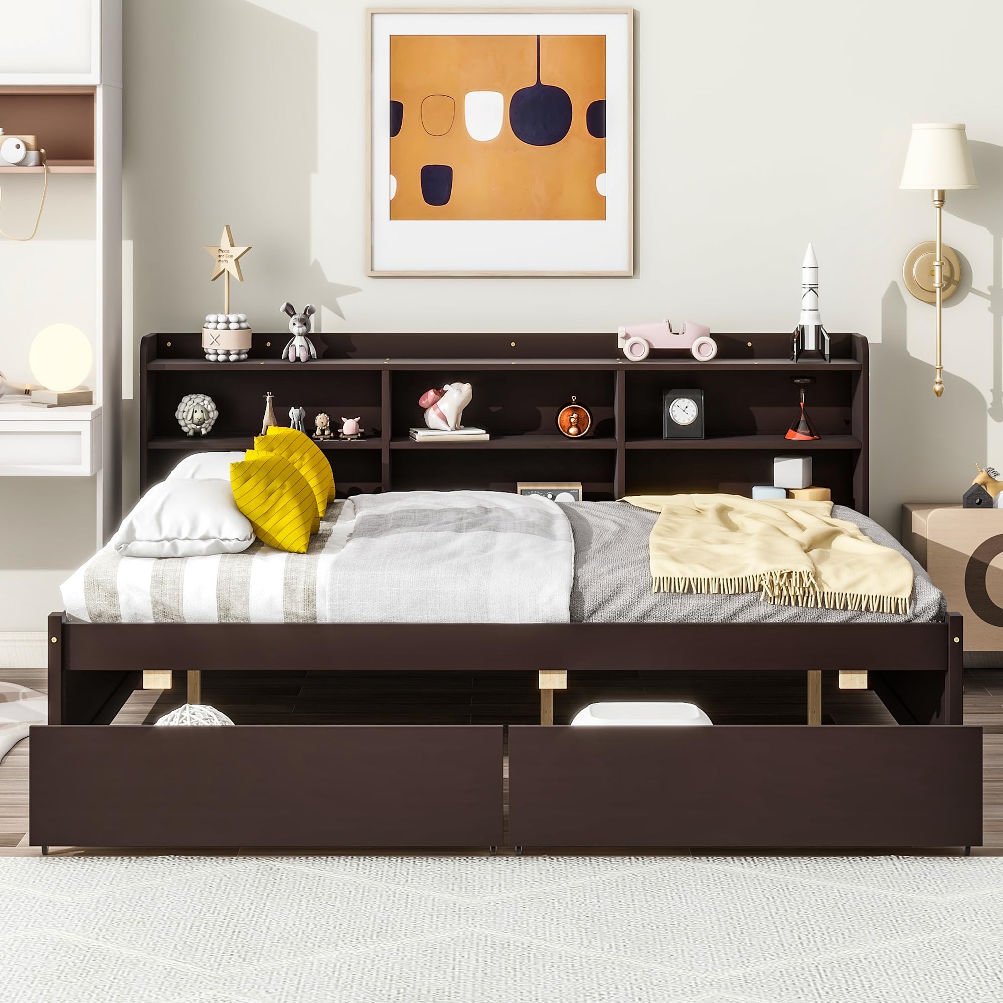 DaiNNCN Full Size Daybed with Storage Bookcases Headboard,Captains Corner L-Shaped Bed with 2 Drawers,No Box Spring Needed for Kids Boys Girls,Espresso