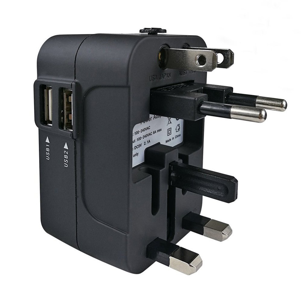 Travel Adapter, Worldwide All in One Universal Travel Adapter Wall Charger AC Power Plug Adapter with Dual USB Charging Ports for USA EU UK AUS, Cell Phone Laptop, Black