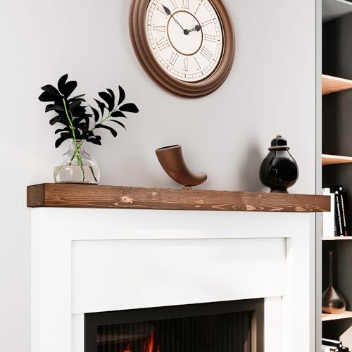 BoscoMondo 48 Inch Fireplace Mantel - Solid Rustic Wood - Wall Mounted Floating Farmhouse Shelf - with Invisible Heavy Duty Metal Bracket (48", Dark Brown)