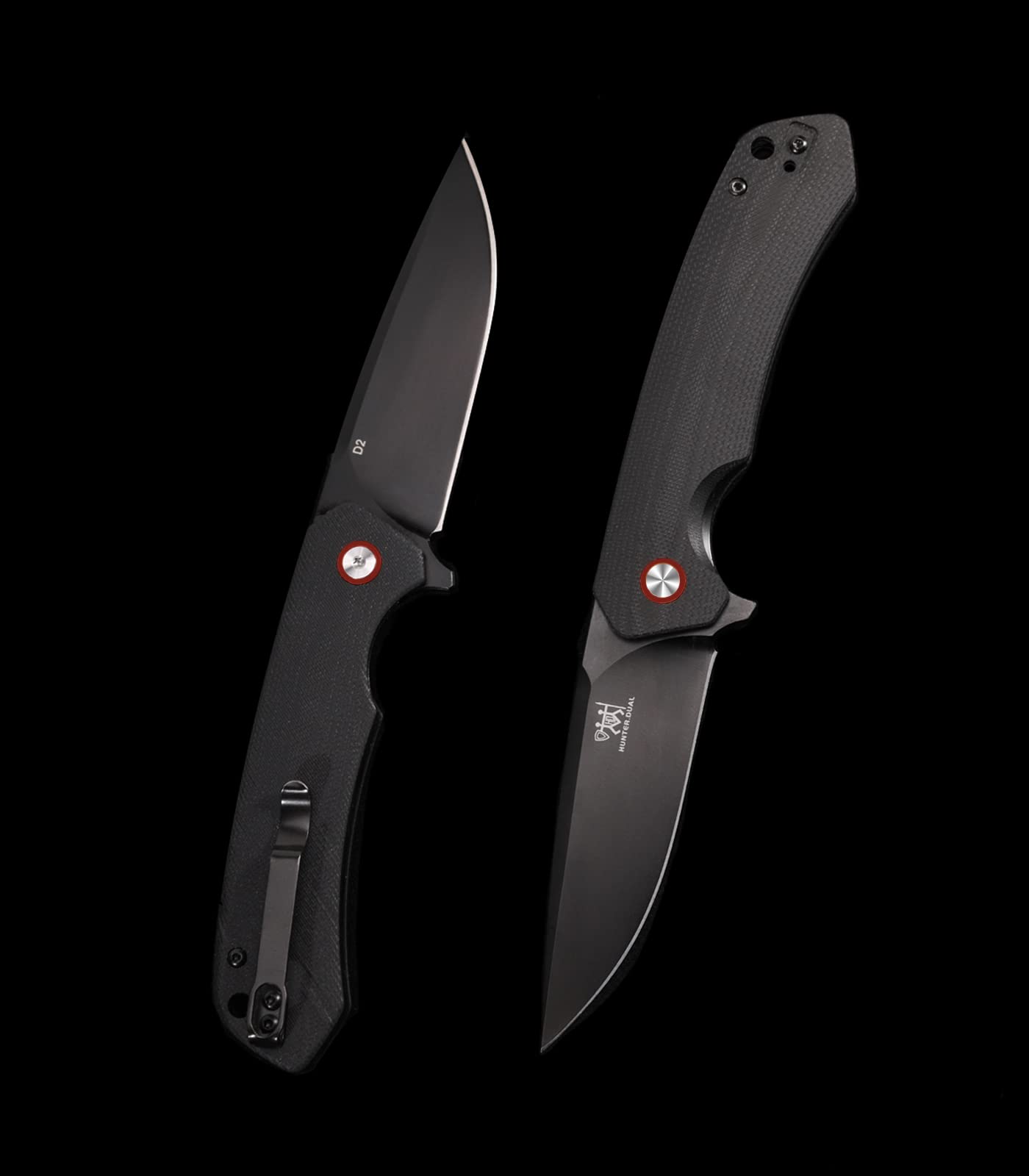 HUNTER.DUAL Pocket Knife, Folding EDC Knife with Clip for Men, Small Camping Knife for Outdoor, 3.34'' D2 Steel Blade, G10 Handle