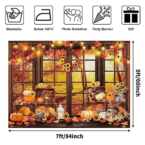 Avezano Fall Backdrops for Photography Sunflowers and Pumpkin Harvest Portrait Photo Background Rustic Window Autumn Forest Scene Thanksgiving Holiday Party Decorations Banner Props (7x5ft)