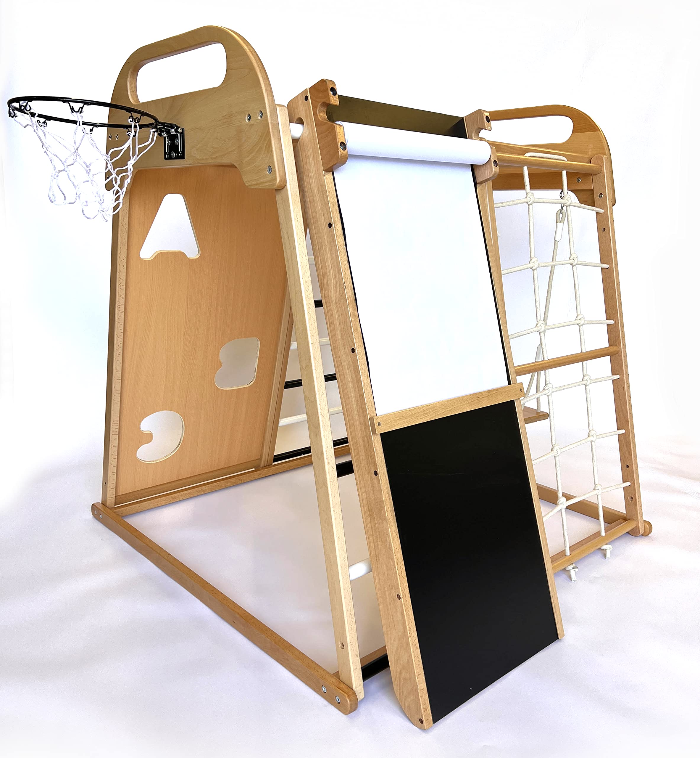 Hopscotch Squad Activity Indoor Kids Playground Jungle Climbing Gym, Toddlers Wooden 9-in-1 Play Set Climber