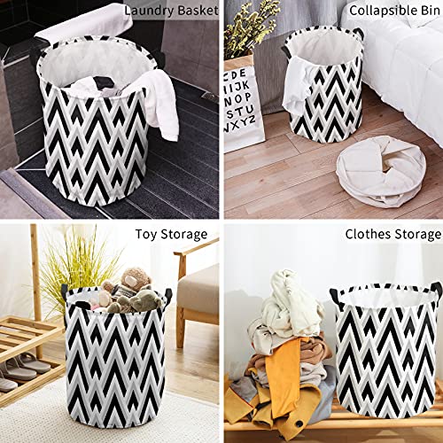 Collapsible Laundry Basket 17inch Chevron Striped Freestanding Laundry Hamper with Handles White Gray Black Drawstring Storage Basket for Clothes Toys Bedroom Nursery Bathroom