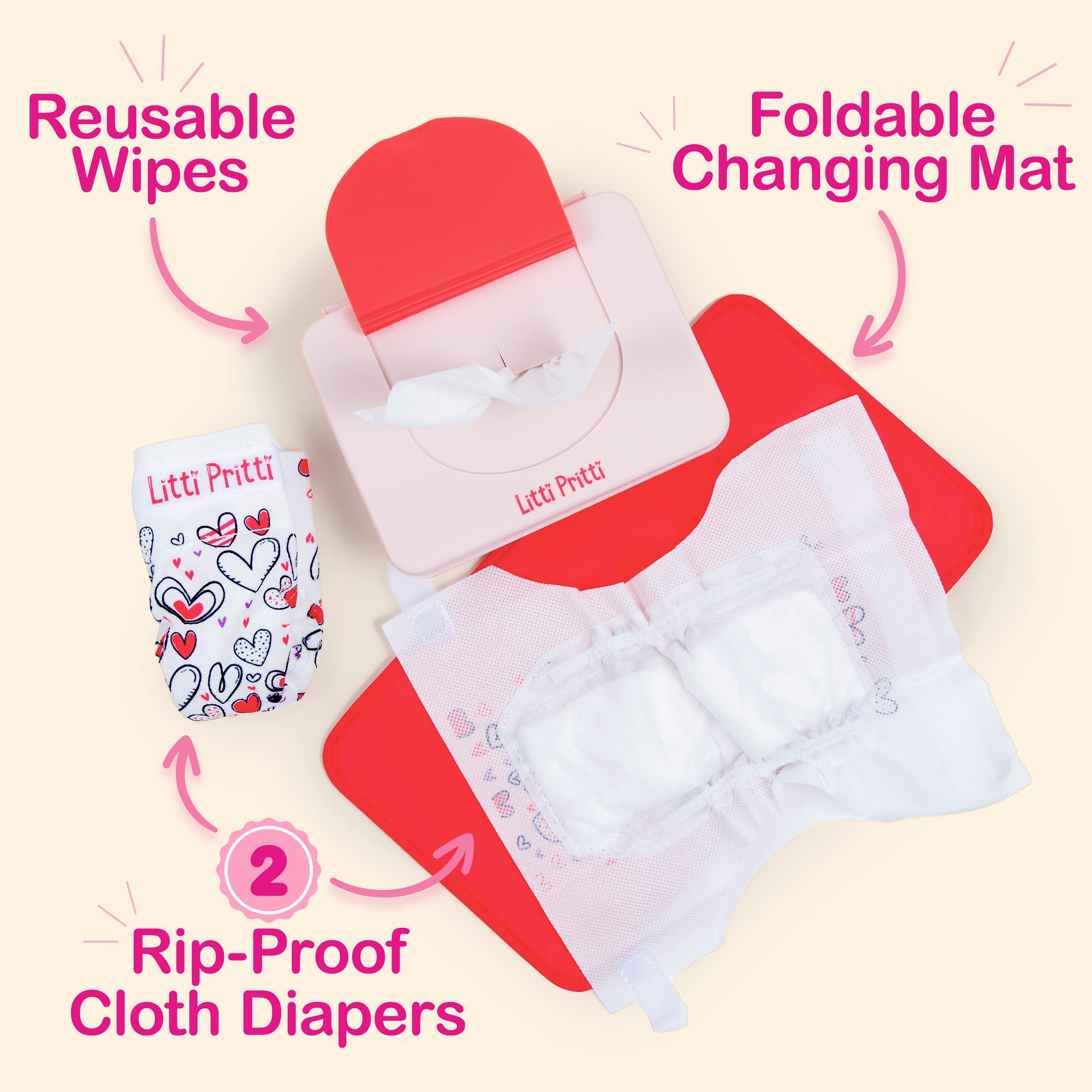 Litti Pritti Baby Doll Accessories Set - 9-Piece Diaper Bag Playset with Baby Doll Diapers, Magic Bottle, Silicone Bib, Wipes, Teether, Changing Pad, and More - Baby Doll Stuff for Ages 3-8 Years