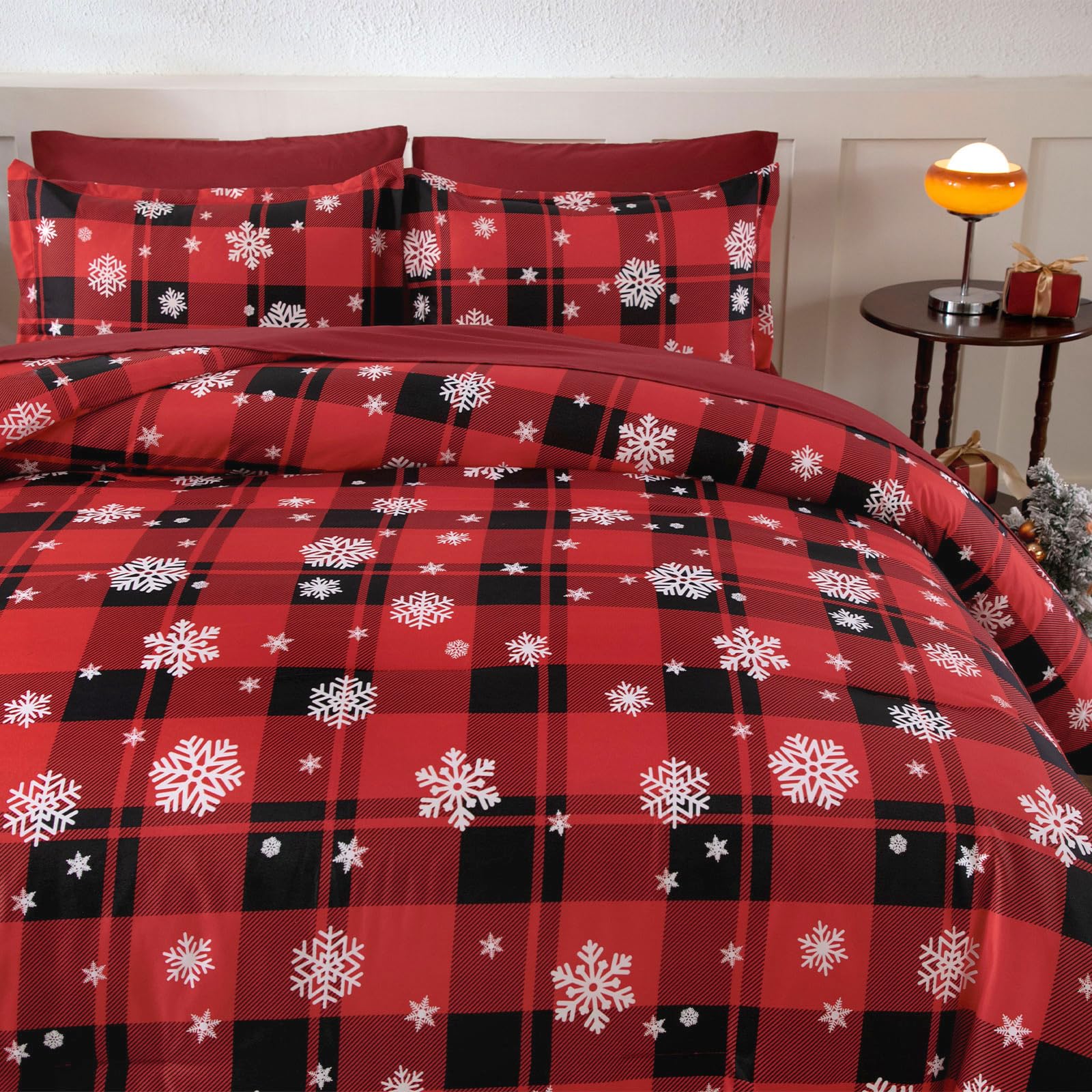 Christmas Duvet Cover Set Queen, Boho Red Teal Striped with Reindeer Cardinals Pattern Bedding Comforter Cover Set for Festive Bedroom Decor 3 Pieces Zipper Closure