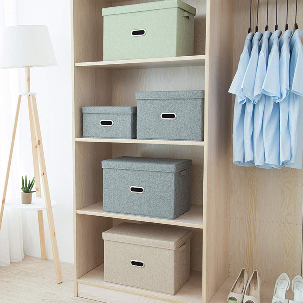 ANMINY 3 PCS Storage Boxes with Handles Removable Lids PP Plastic Board Foldable Lidded Cotton Linen Home Storage Cubes Bins Baskets Closet Clothes Toys Organizer Containers - Gray, Small Size