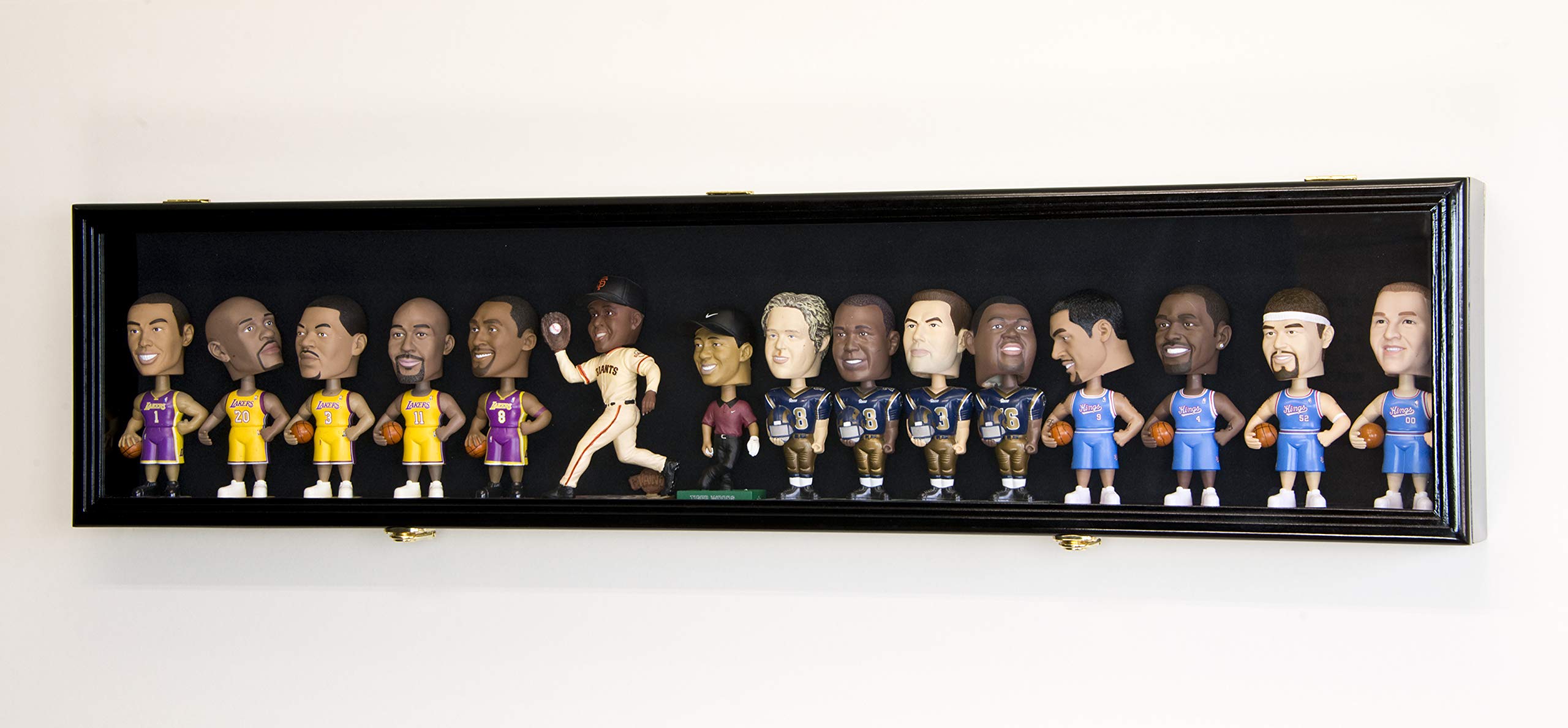 Horizontal Bobble Head Action Figures Doll Display Case Cabinet Wall Rack - Lockable (Black Wood Finish, Black Felt Background)