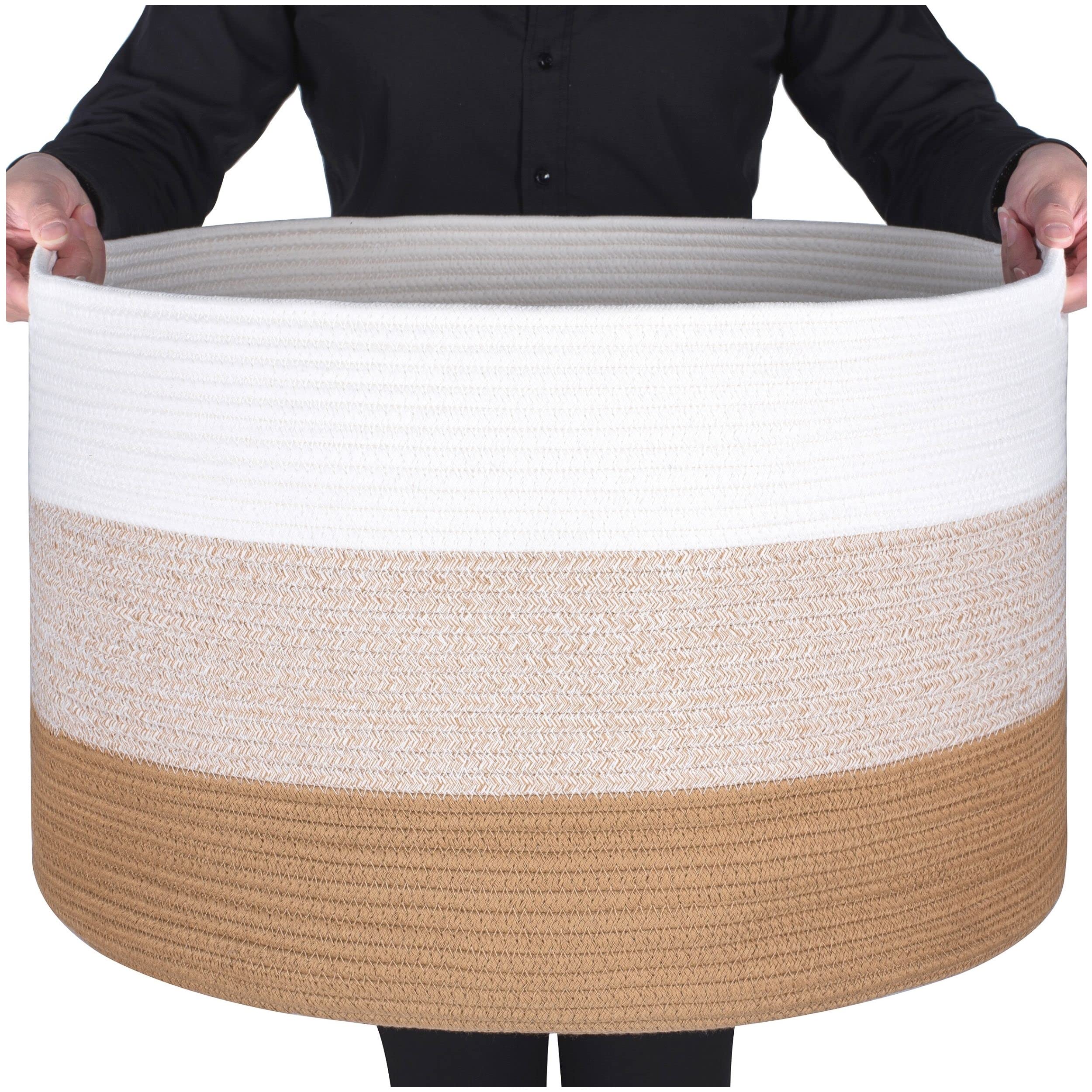 MINTWOOD Design Extra Large 22 x 14 Inches Blanket Storage Basket, Laundry Basket, Decorative Woven Cotton Rope Baskets for Blanket Storage Living Room, Toy Storage Basket Bin, Black & Brown