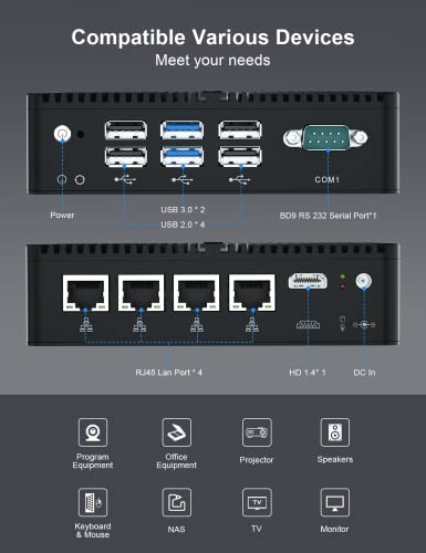 Baieyu Firewall Mini PC Quad Core Celeron J4125 with 8GB DDR4 256GB SSD OPNsense Firewall PC Support 4K HD, 4 × 2.5GbE LAN, 1 × HD, 1 × RS232 COM, 2 × USB3.0, 4 × USB2.0 Ports, Dual Band WiFi, BT4.0