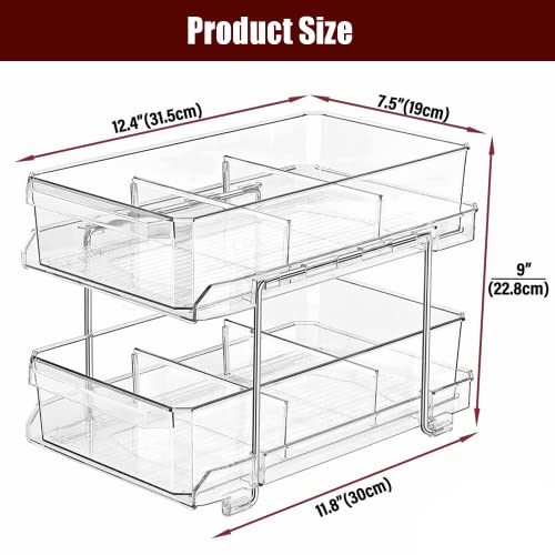 DYFAIS 2 Tier Clear Organizer with Dividers, Multi-Purpose Slide-Out Storage Container, Kitchen Pantry Medicine Cabniet Bins, Bathroom Vanity Counter Organizing Tray, Under Sink Closet Organization