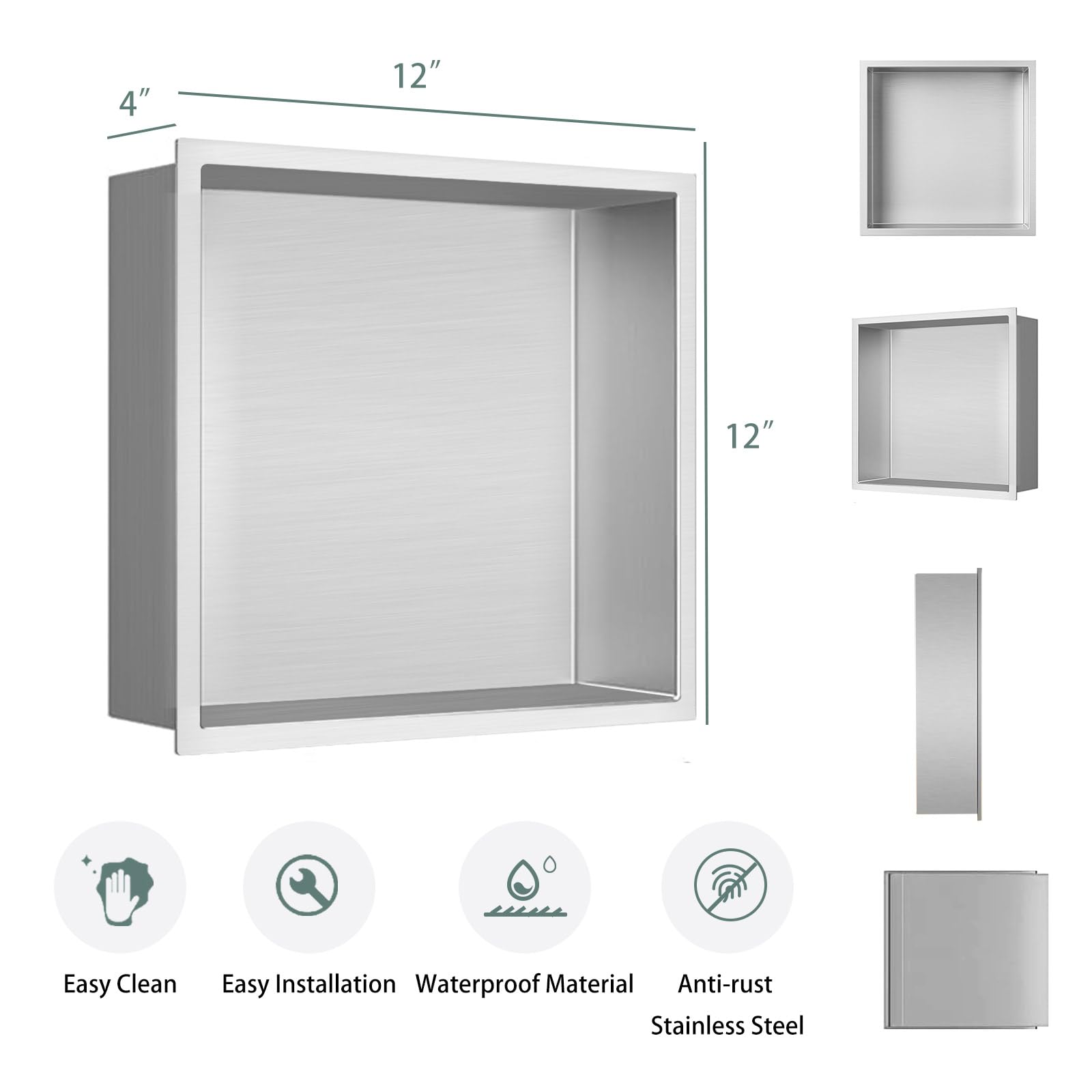 Elefloom Shower Niche, Stainless Steel Modern Bathroom Niche, No Tile Needed Recessed Shower Shelf Organizer for Storage, Stainless Steel, Silver Grey, 12"×12"