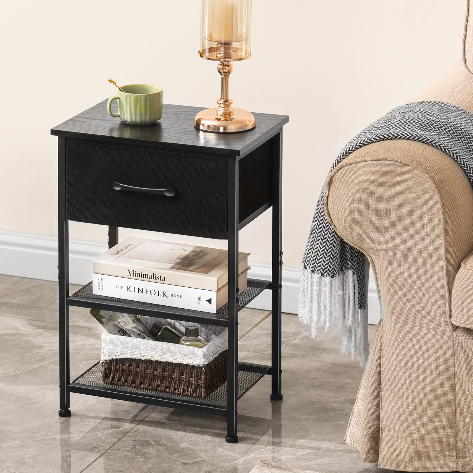 LAKEMID Nightstands Set of 2 with Drawer, Bedside Table End Table with 2 Layers Metal Shelf for Bedroom Sofa Couch (Black)
