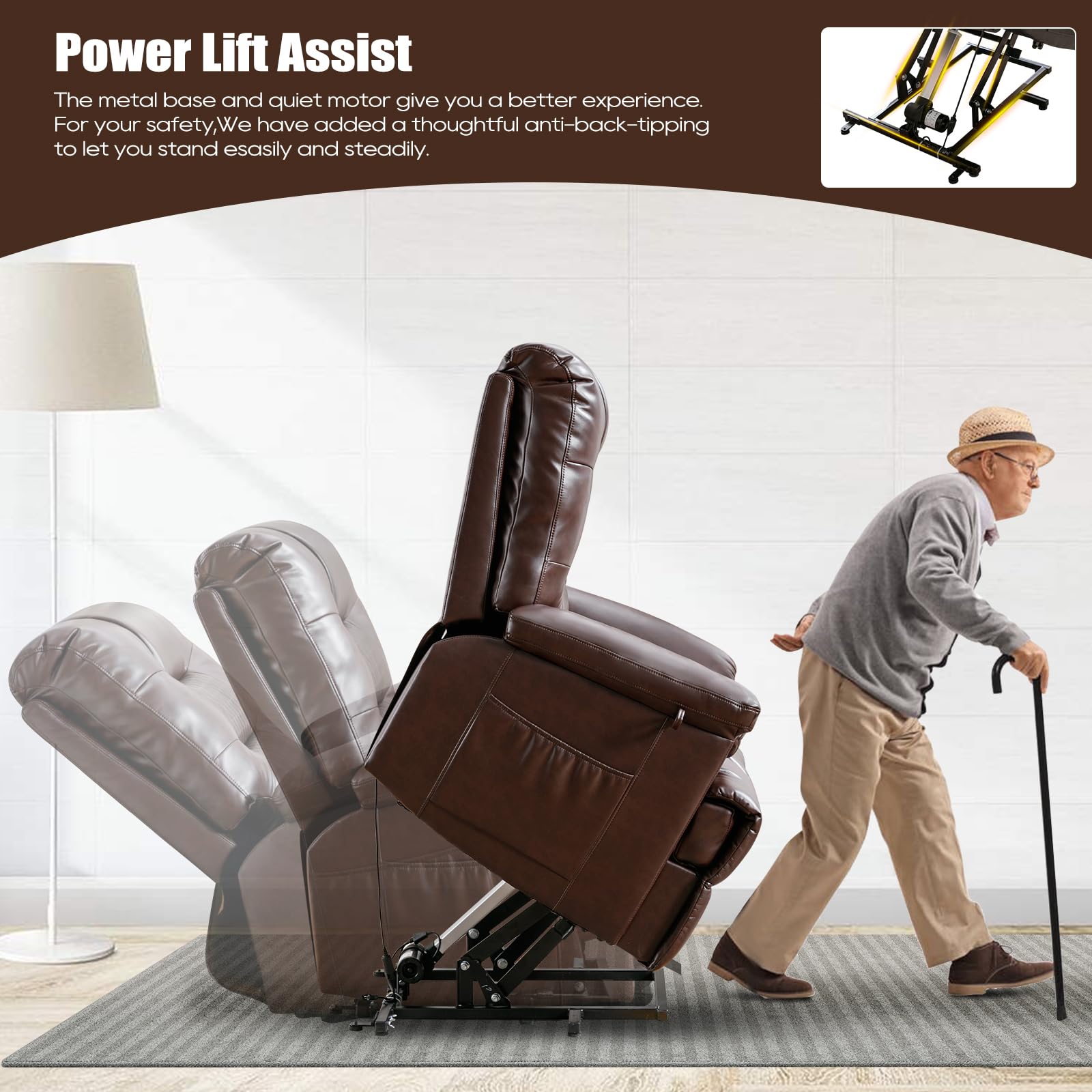 BAIJIAWEI B Power Lift Recliner Chair, PU Leather Electric Recliner with Vibration Massage & Heat Function, Heavy Duty Recliner with Remote Control, 3 Positions, USB Port