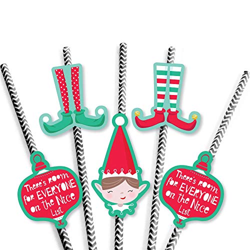 Big Dot of Happiness Elf Squad - Paper Straw Decor - Kids Elf Christmas and Birthday Party Striped Decorative Straws - Set of 24