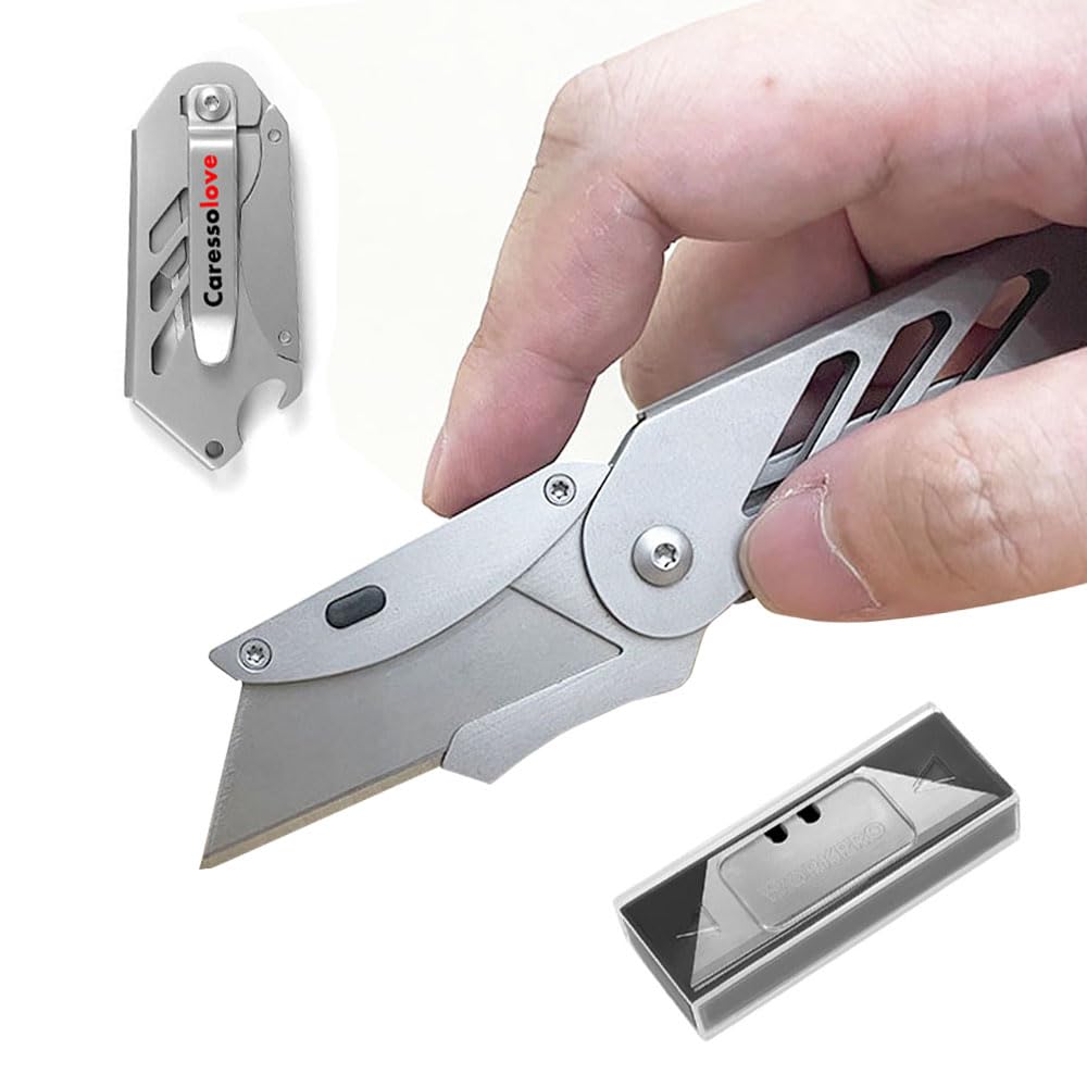 Caressolove Mini Razor Blades Pocket Knife, Folding Utility Knife with Clip, Best Retractable Box Cutter, EDC Gear Multitool, Knife for Men with 10 Extra Blades