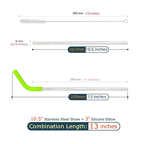 Big Drinking Straws Reusable 13" Extra Long 8mm Extra Wide Food-Grade 18/8 Stainless Steel Silicone Elbows Tips for Smoothie Milkshake Cocktail Juice Hot Drinks - Set of 4 + 2 Cleaning Brushes