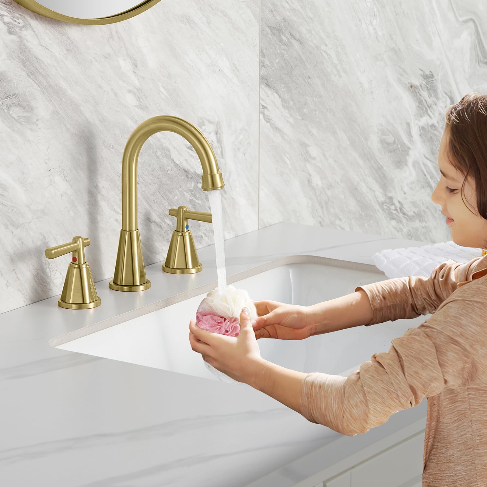 Damomo Bathroom Sink Faucet, Brushed Gold 8 Inch Widespread Bathroom Faucet for Sink 3 Hole, 2 Handle Sink Faucet with Pop Up Drain and 2 Supply Hoses for RV Bathroom Vanity