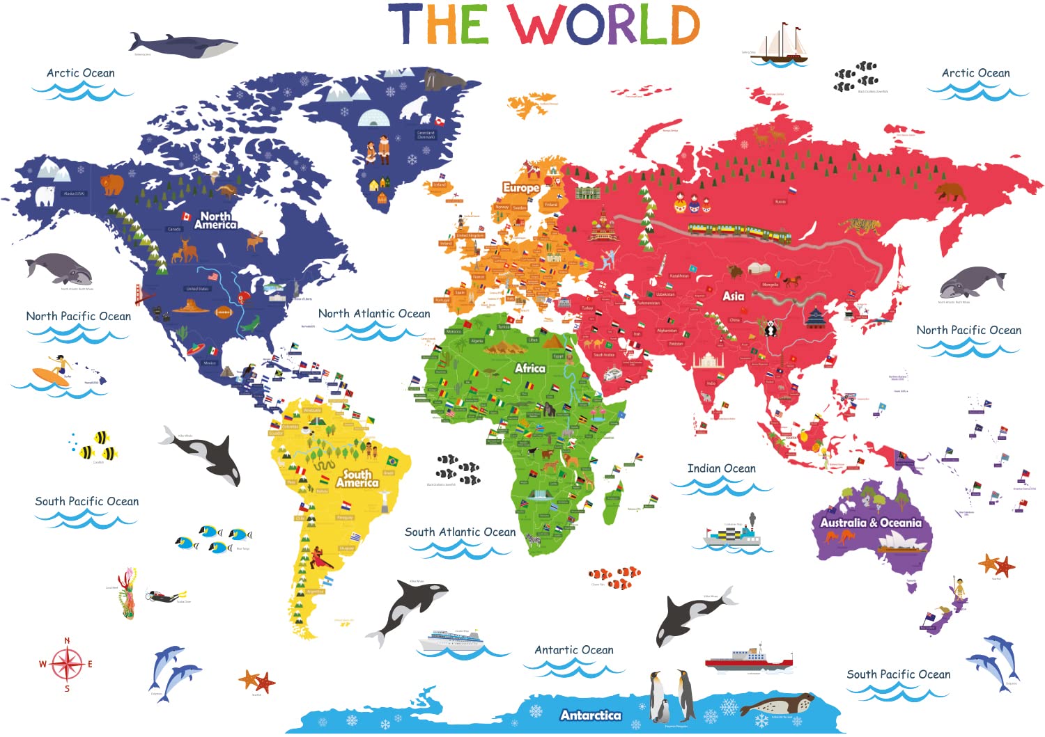 BASHOM BS-115 Large Animal Landmarks World Map Wall Decals Educational Stickers for Kids Nursery Bedroom Living Room Classroom Peel Stick Removable Poster mapa Mundi para pared Art