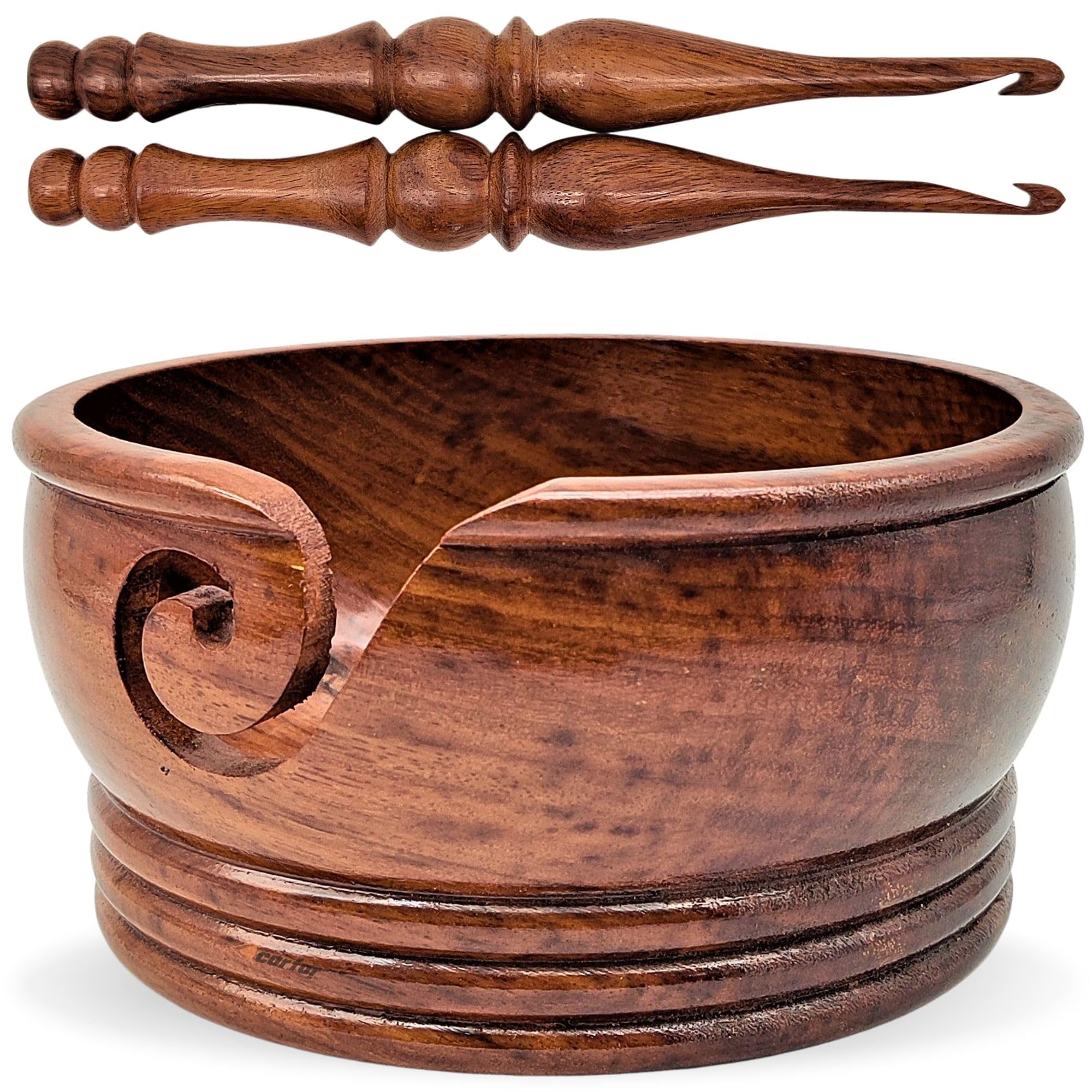 Carfar Knitting Yarn Bowl & Crochet Hooks Set Handmade Wooden Yarn Holder Bowl for Crocheting and Knitting