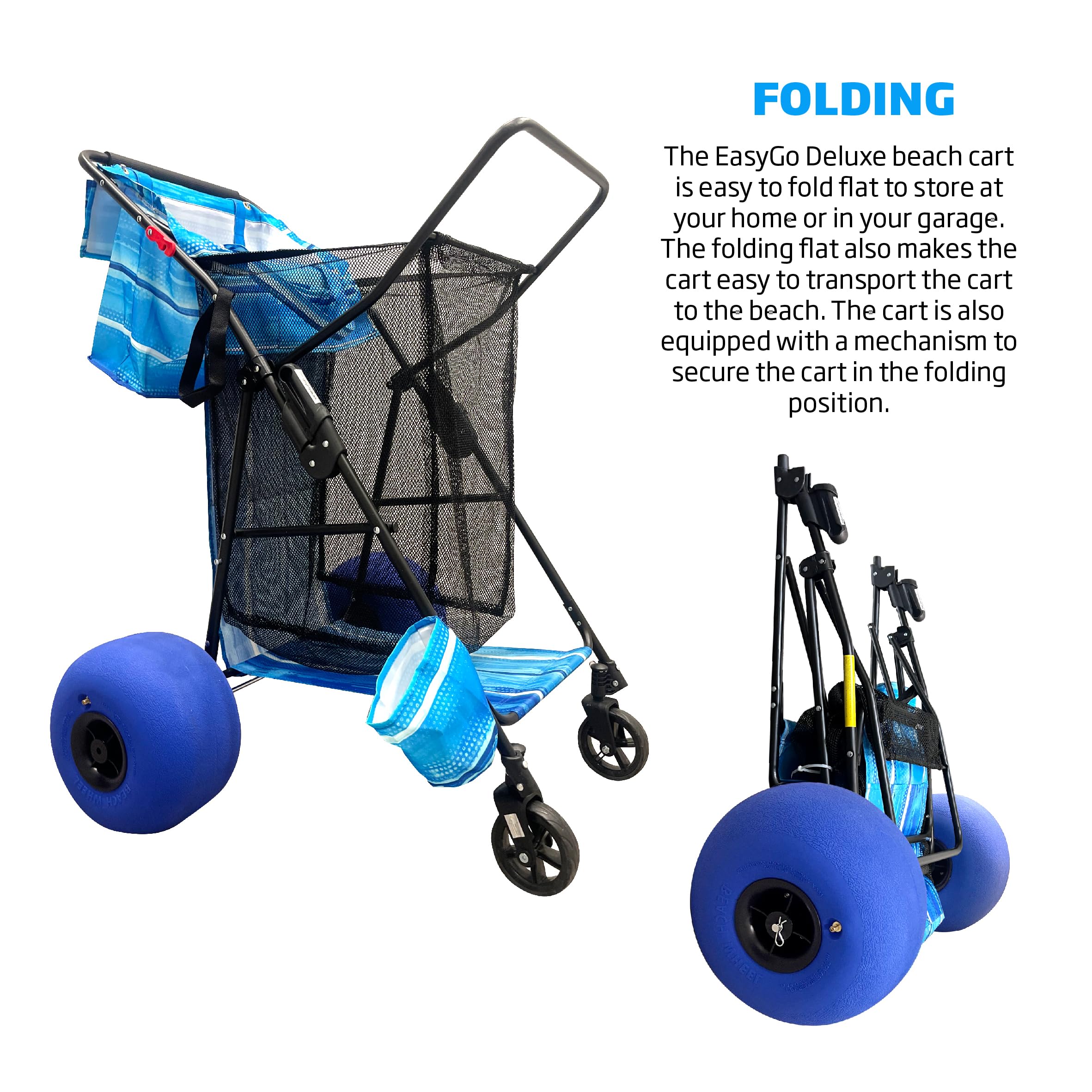 Beach Cart Balloon Wheel Deluxe Heavy Duty Folding Ocean Utility 13β x 7β Sand Wheels Holds 4 Folding Chairs Umbrella Holder Removable Beach Bag Blue Striped Pattern