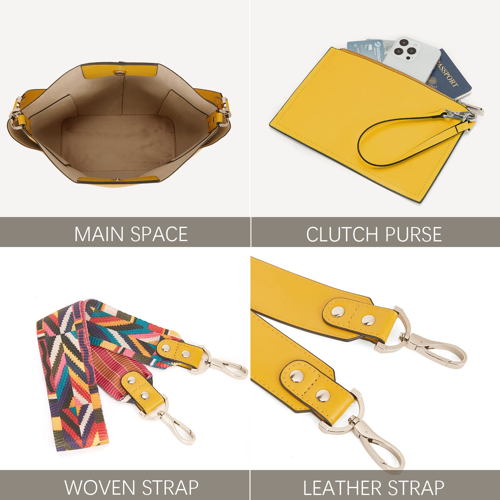 BOSTANTEN Genuine Leather Bucket Handbag Designer Hobo Shoulder Bag Tote Purses and Handbags Set with Clutch Purses Yellow-grainy