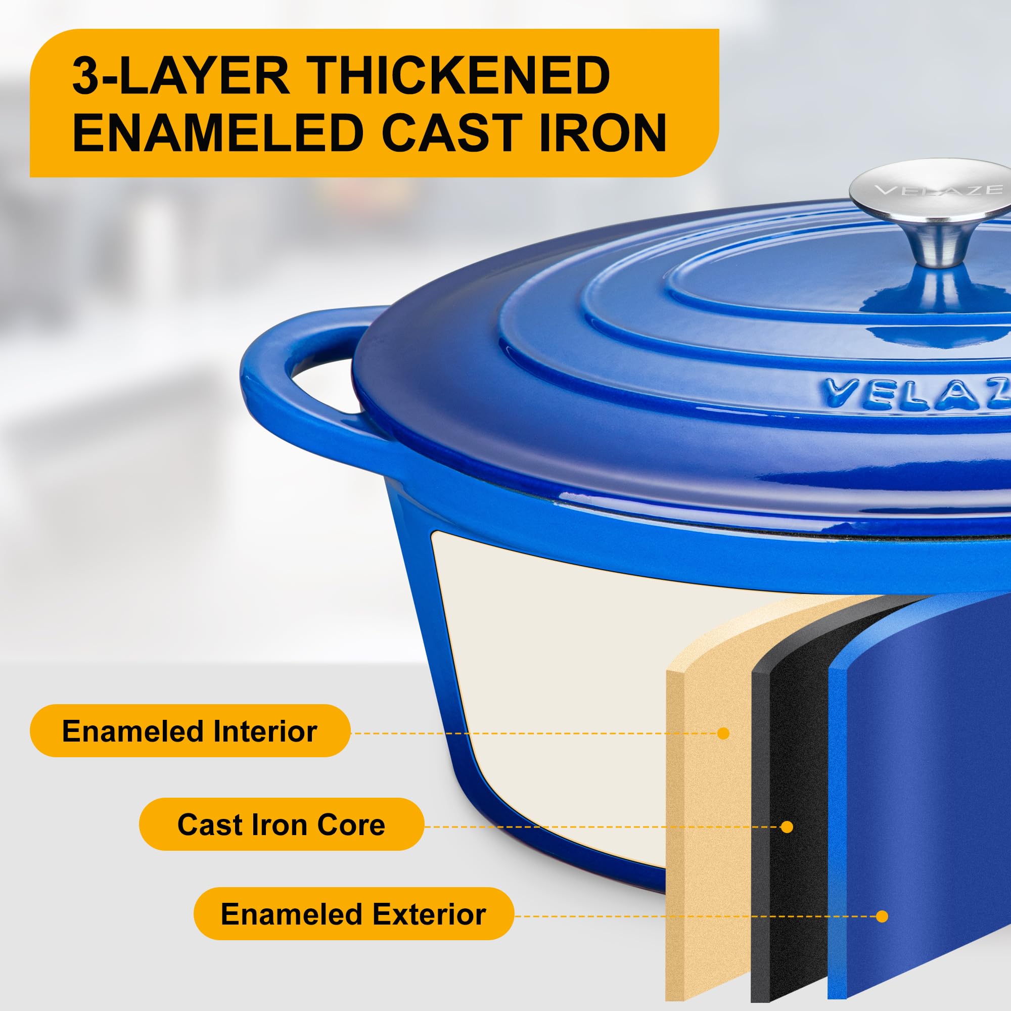 Velaze 7.5 QT Enameled Oval Dutch Oven Pot with Lid, Cast Iron Dutch Oven with Dual Handles for Bread Baking, Cooking, Frying, Non-stick Enamel Coated Cookware(Blue)