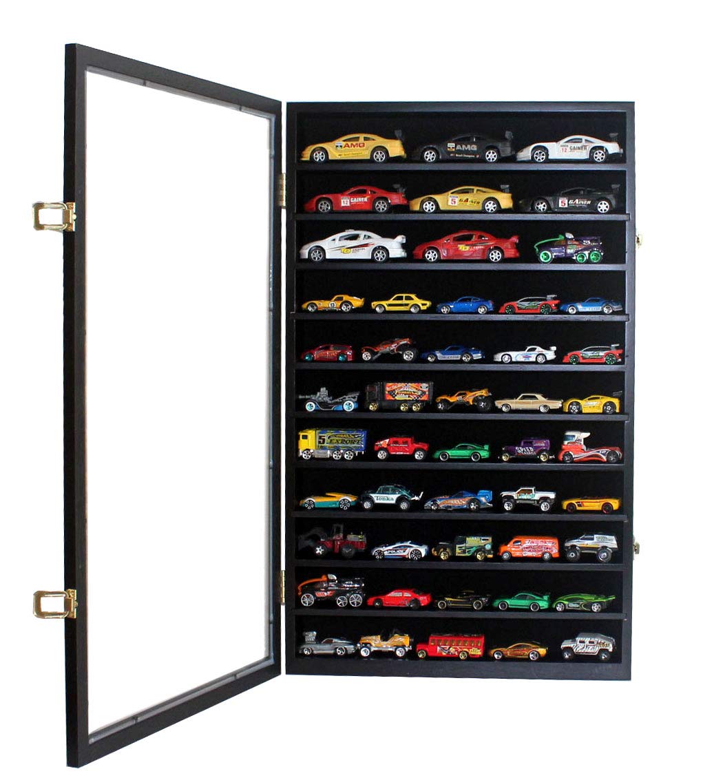 Hot Model Toys Cars Diecast Display Case Cabinet Wall Rack Compatible with Wheels and Matchbox Cars 1/64-1/43 Scale, 26.5" H X 16" W X 3.25" D Black Color Frame